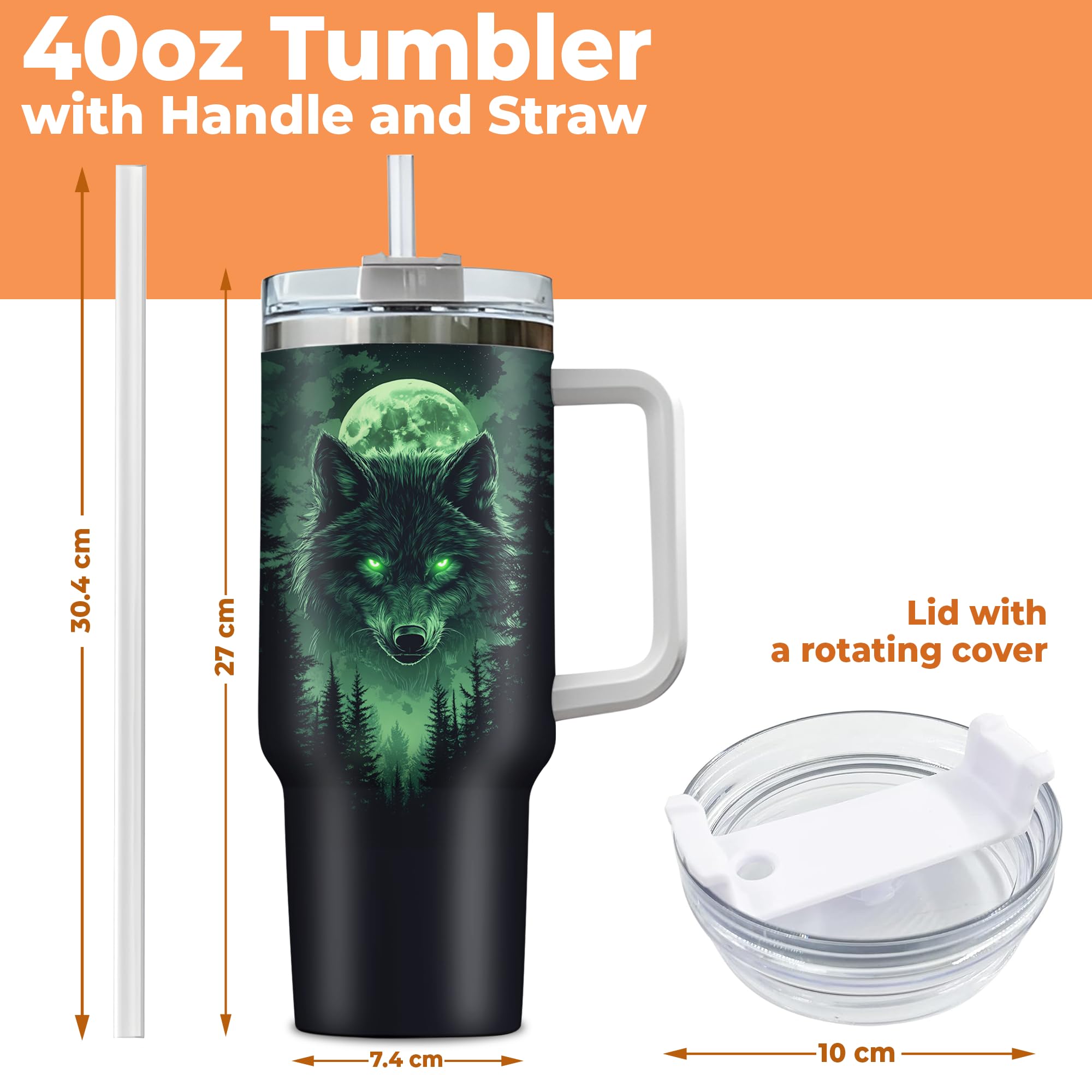 FOXCORNER Personalized Green Wolf Tumbler 40oz with Handle & Straw for Wolf Lovers, Wolfs Present for Men Women on Birthday Christmas, Custom Name Stainless Steel Travel Coffee Cup, Animal Lover Gifts