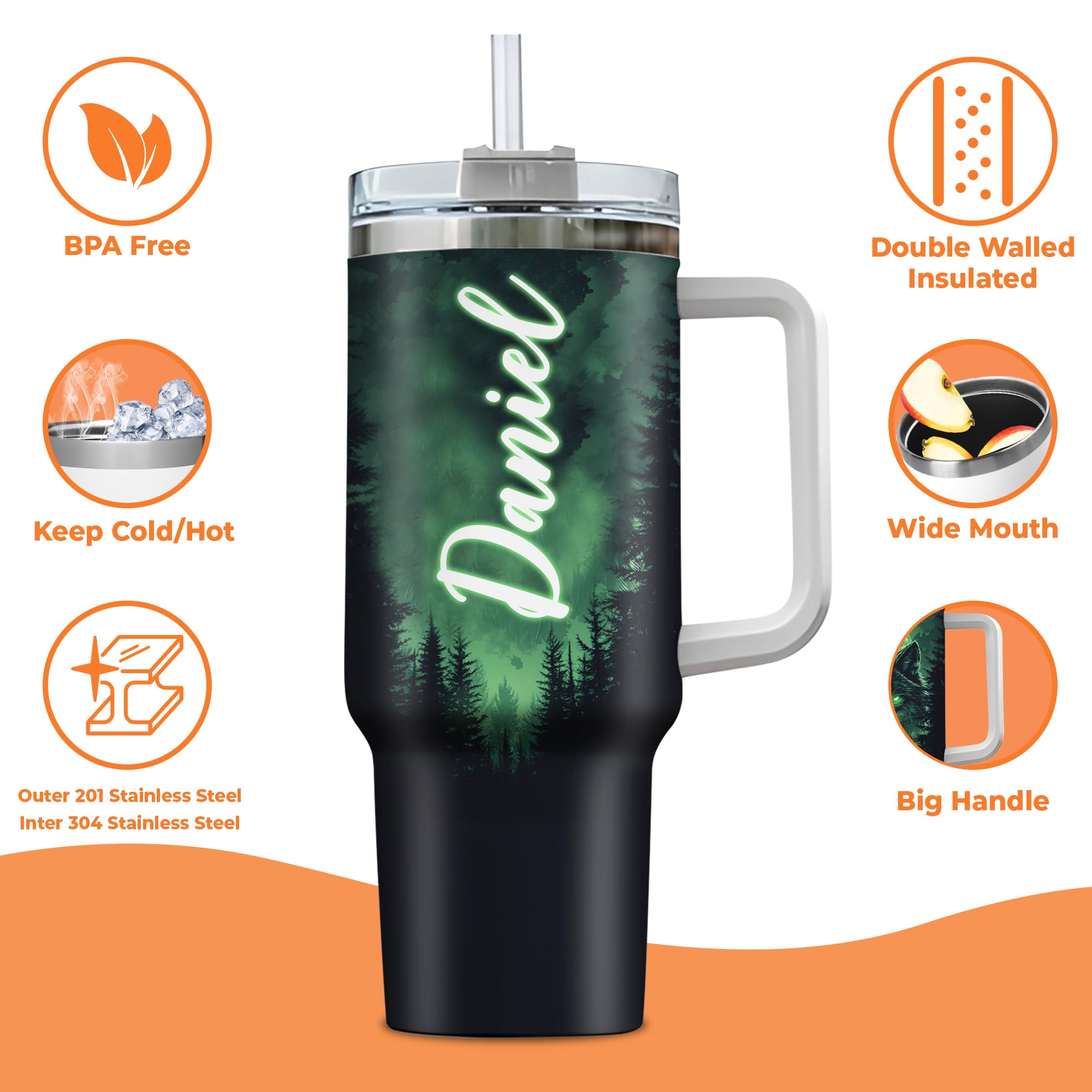 FOXCORNER Personalized Green Wolf Tumbler 40oz with Handle & Straw for Wolf Lovers, Wolfs Present for Men Women on Birthday Christmas, Custom Name Stainless Steel Travel Coffee Cup, Animal Lover Gifts