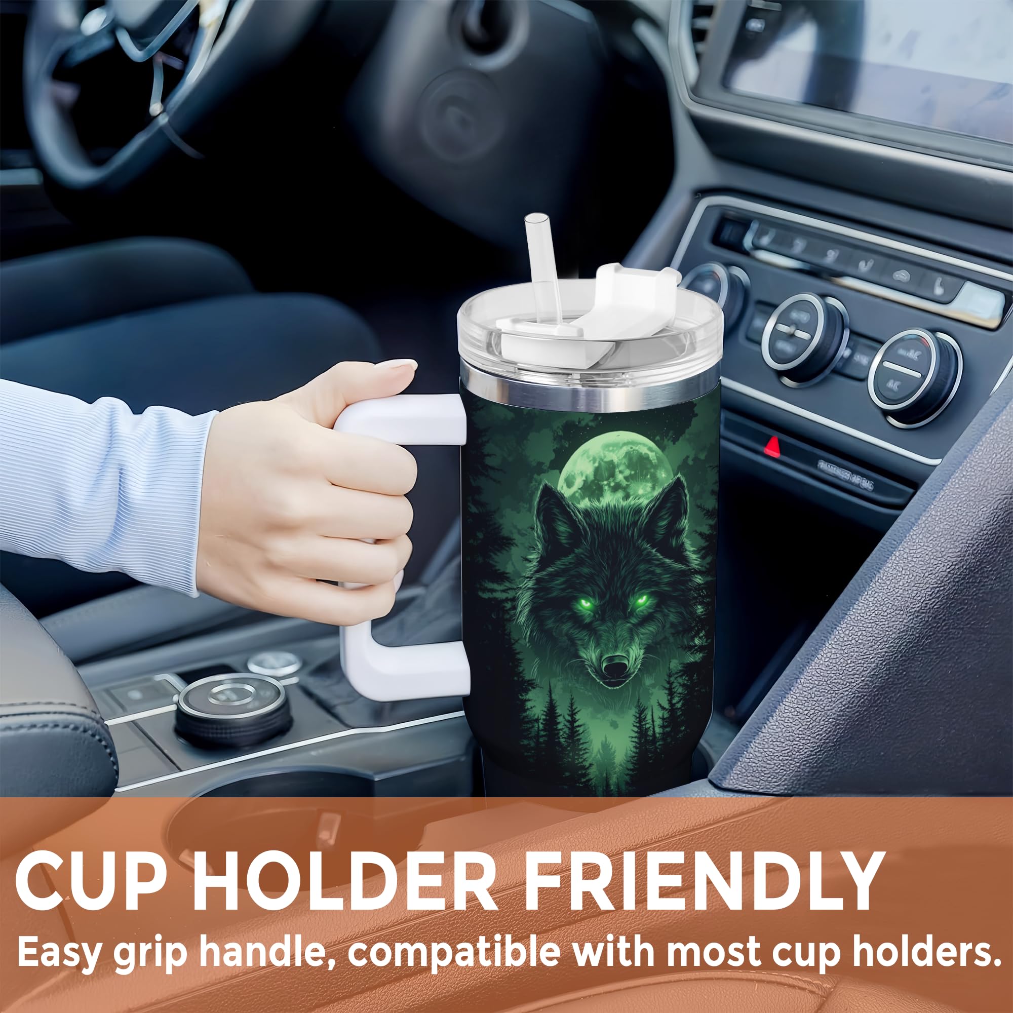 FOXCORNER Personalized Green Wolf Tumbler 40oz with Handle & Straw for Wolf Lovers, Wolfs Present for Men Women on Birthday Christmas, Custom Name Stainless Steel Travel Coffee Cup, Animal Lover Gifts