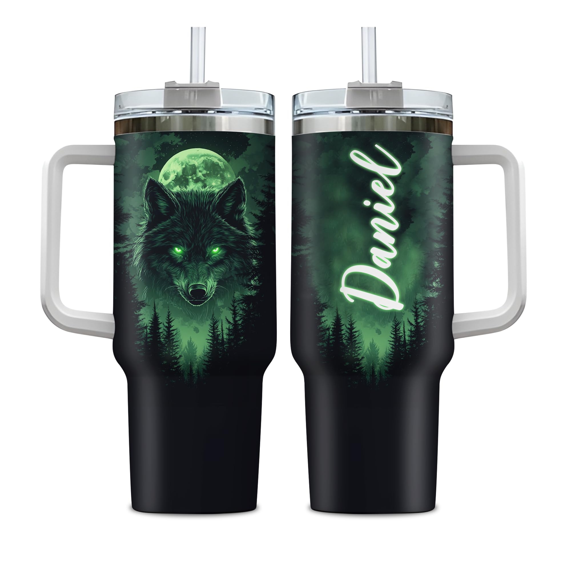 FOXCORNER Personalized Green Wolf Tumbler 40oz with Handle & Straw for Wolf Lovers, Wolfs Present for Men Women on Birthday Christmas, Custom Name Stainless Steel Travel Coffee Cup, Animal Lover Gifts