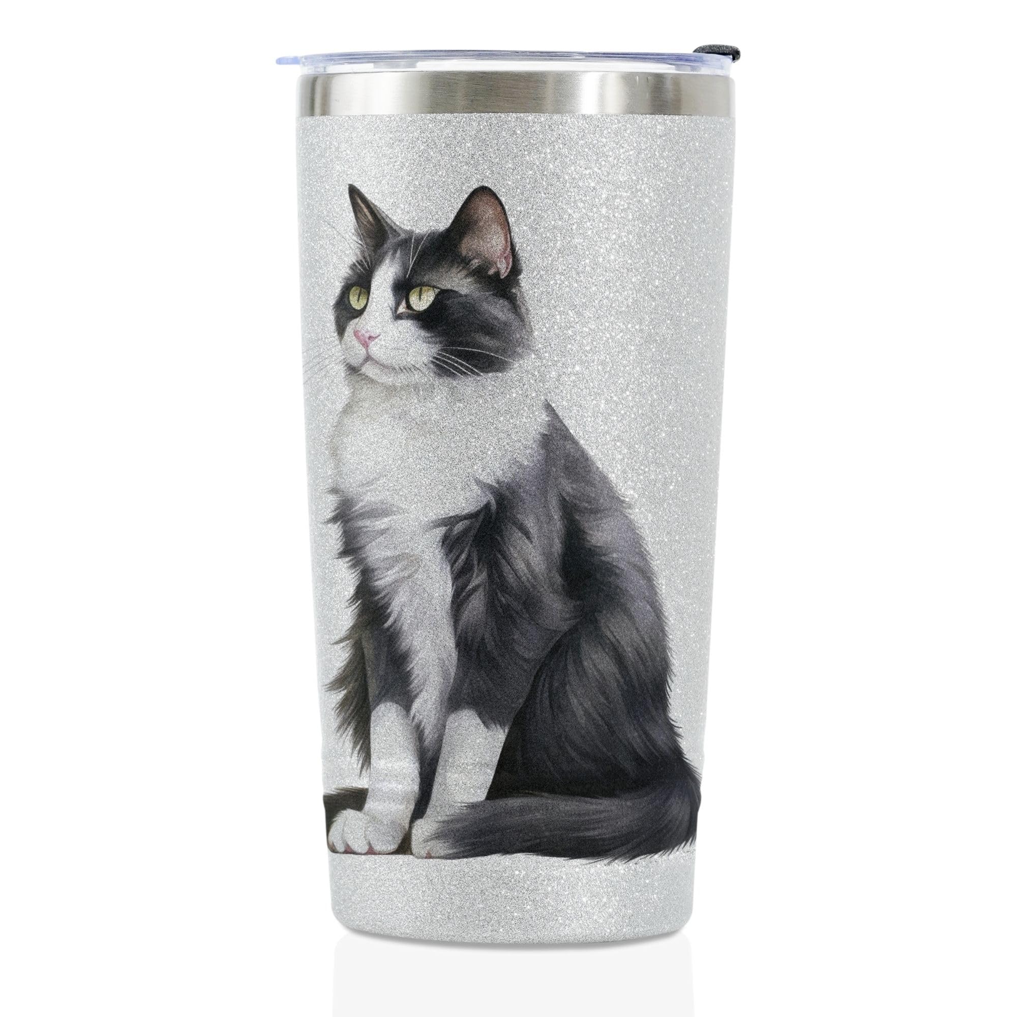 Onebttl Tuxedo Cat Gifts for Tuxedo Cat Lovers, 20 oz Insulated Stainless Steel Tumblers with Lids and Straws, Tuxedo Cat gifts for Birthday Christmas, Glitter Silver