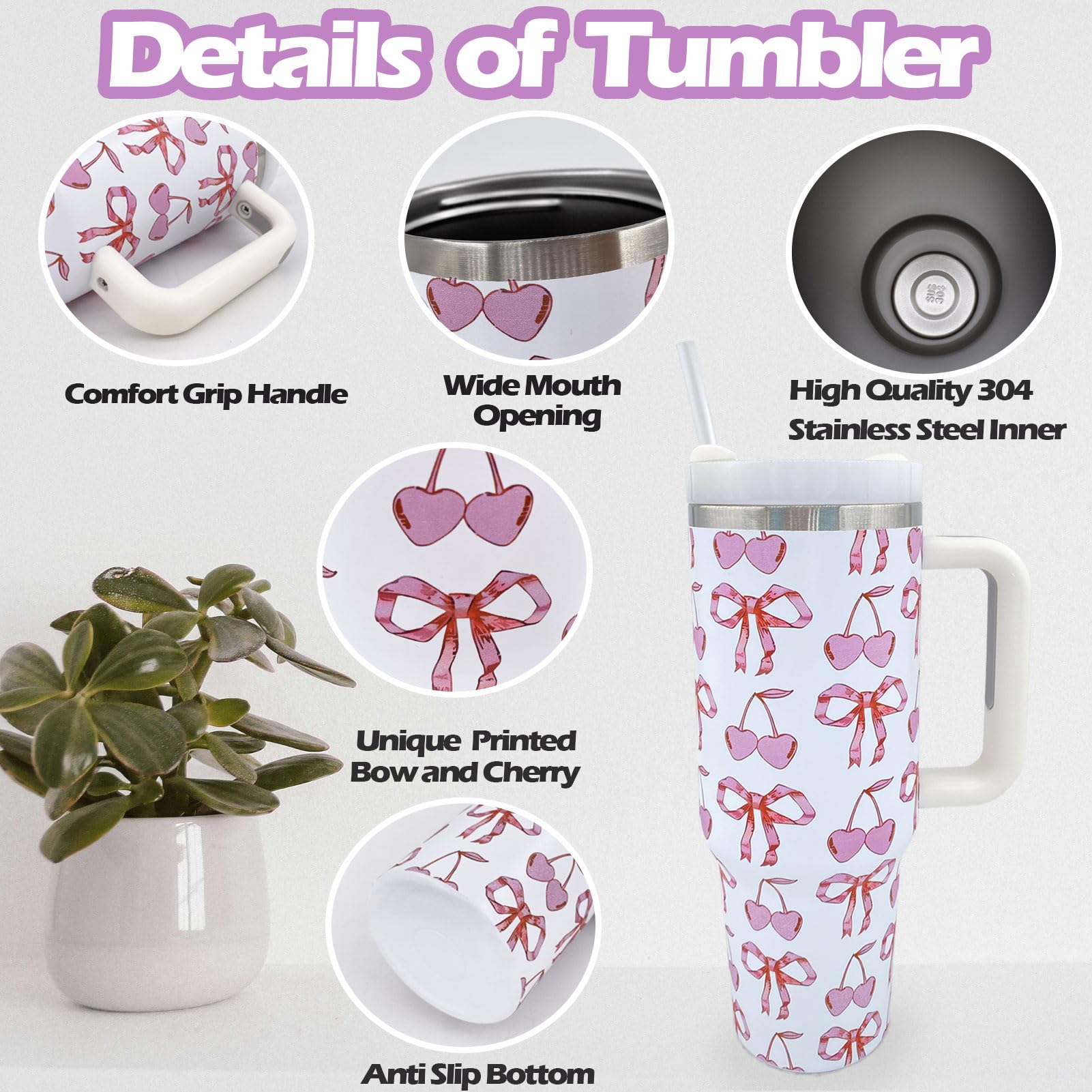 BEGOOD Tumbler with Handle and Straw Lid 100% Leak-proof Travel Coffee Mug Stainless Steel Insulated Cup for Beverages 40OZ Bow Print