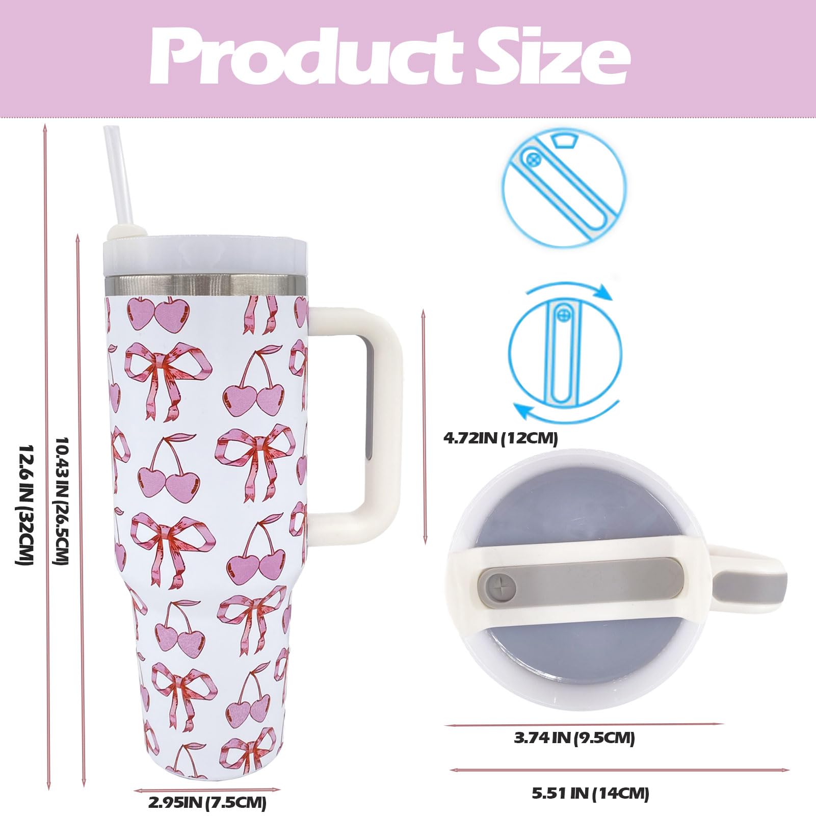 BEGOOD Tumbler with Handle and Straw Lid 100% Leak-proof Travel Coffee Mug Stainless Steel Insulated Cup for Beverages 40OZ Bow Print
