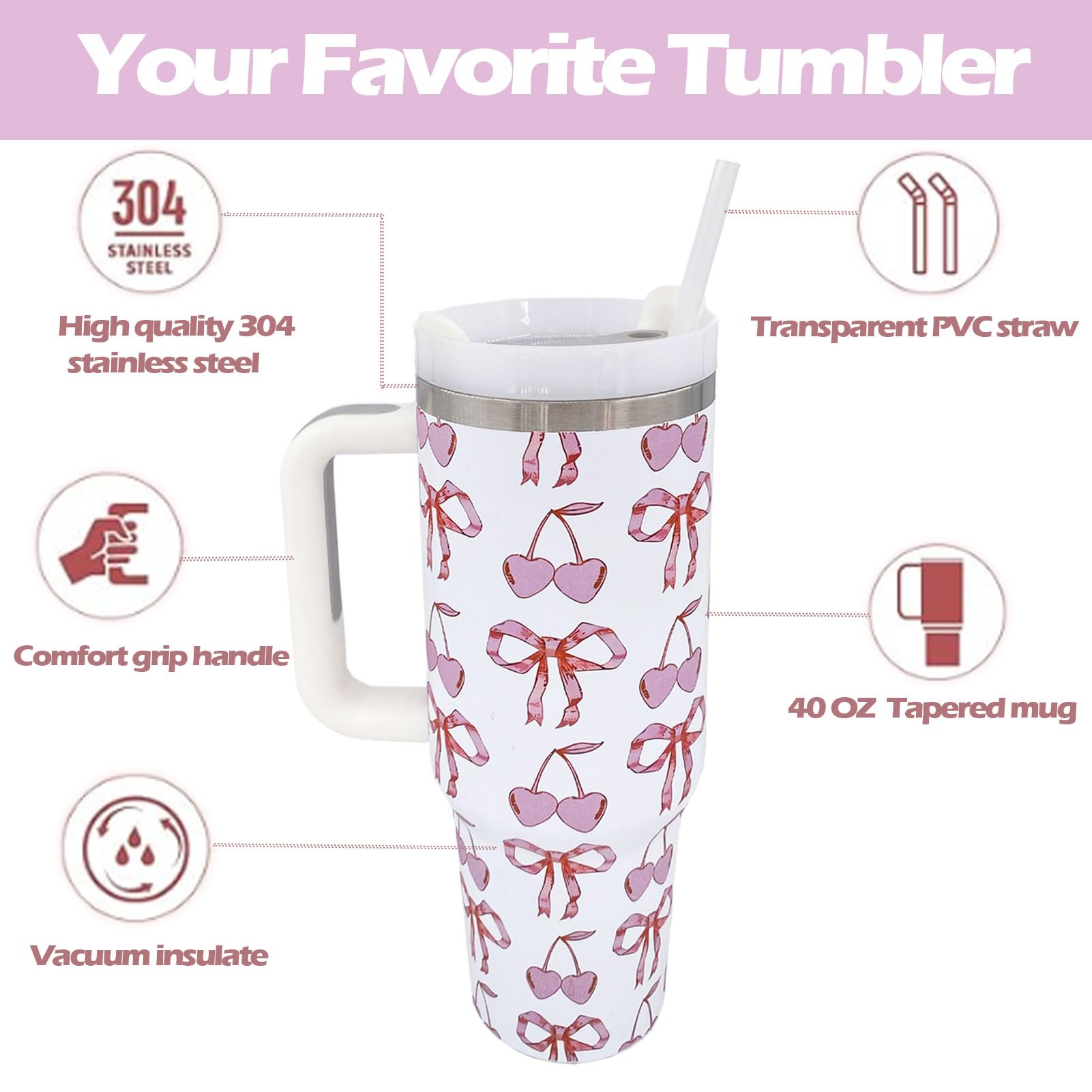 BEGOOD Tumbler with Handle and Straw Lid 100% Leak-proof Travel Coffee Mug Stainless Steel Insulated Cup for Beverages 40OZ Bow Print