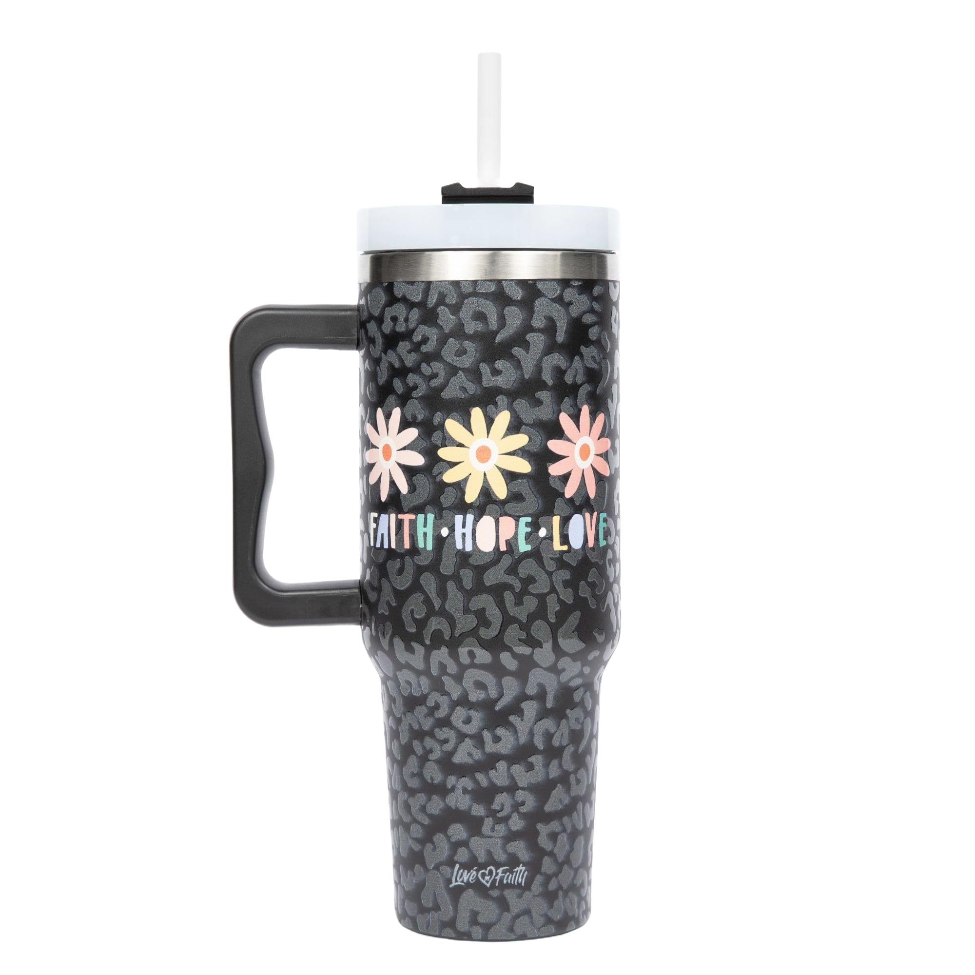 Love in Faith | Stainless Steel 40oz Tumbler with Handle | Vacuum Insulated | Faith-Based Christian Gifts | Faith Hope Love Black Leopard