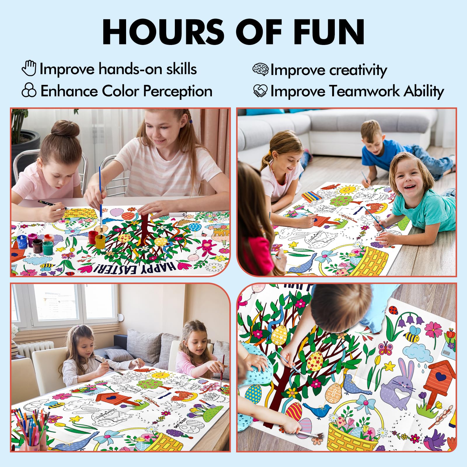 JellyPanda Easter Large Coloring Table Cloth Happy Easter Giant Coloring Poster Bunny Egg Pages Sheets Paper for Kids Adults 71 * 23.6 in