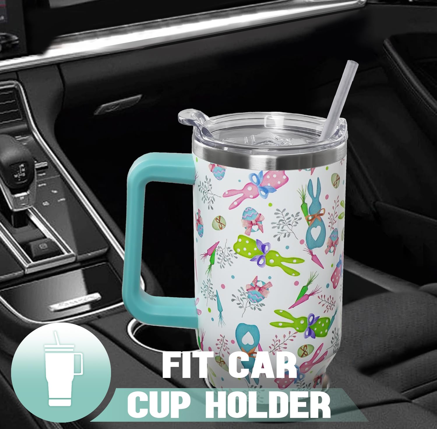 Nqhsionv Easter Tumbler with Handle 40 oz Easter Bunny Coffee Travel Mug Stainless Steel Rabbit Insulated Cup Happy Easter Decor Gifts