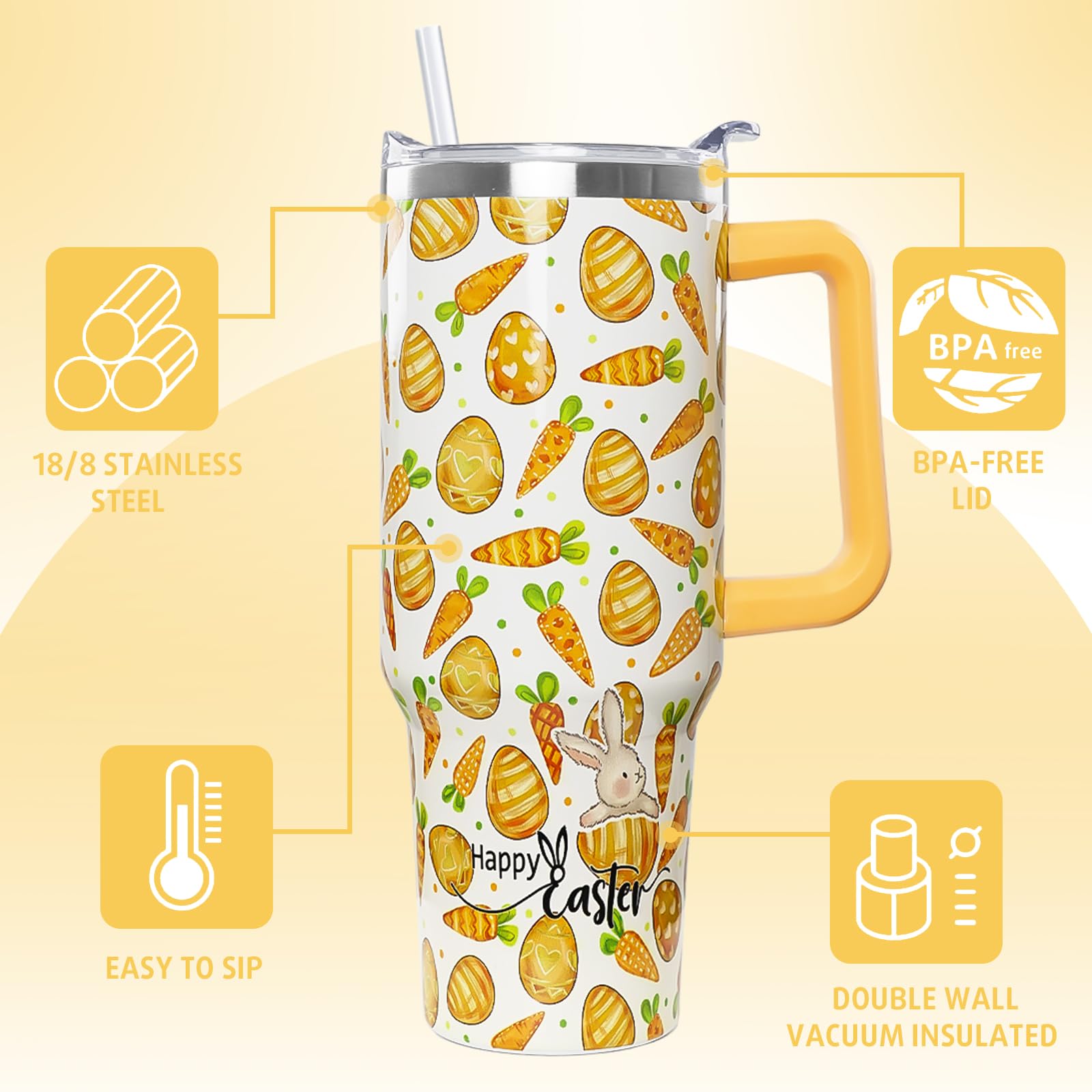 Nqhsionv Easter Tumbler with Handle 40 oz Easter Bunny Carrot Coffee Travel Mug Stainless Steel Rabbit Insulated Cup Happy Easter Decor Gifts