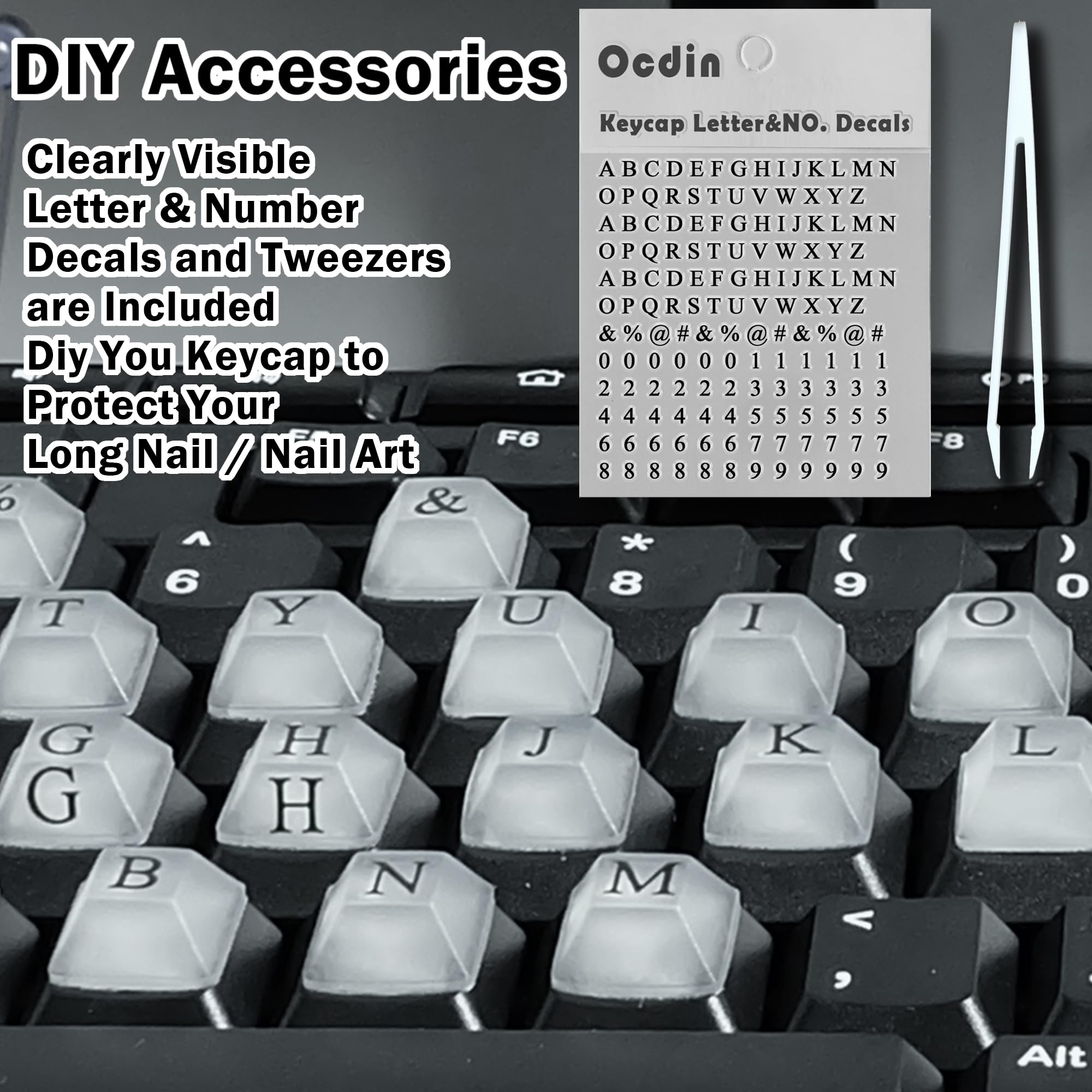 80 PCS Raised Keyboard Stickers with DIY Letter Decals for Nail-Art Typing, Adhesive Keycap Riser for Long Nails Protection for Numeric Keypad (Square-Clear)