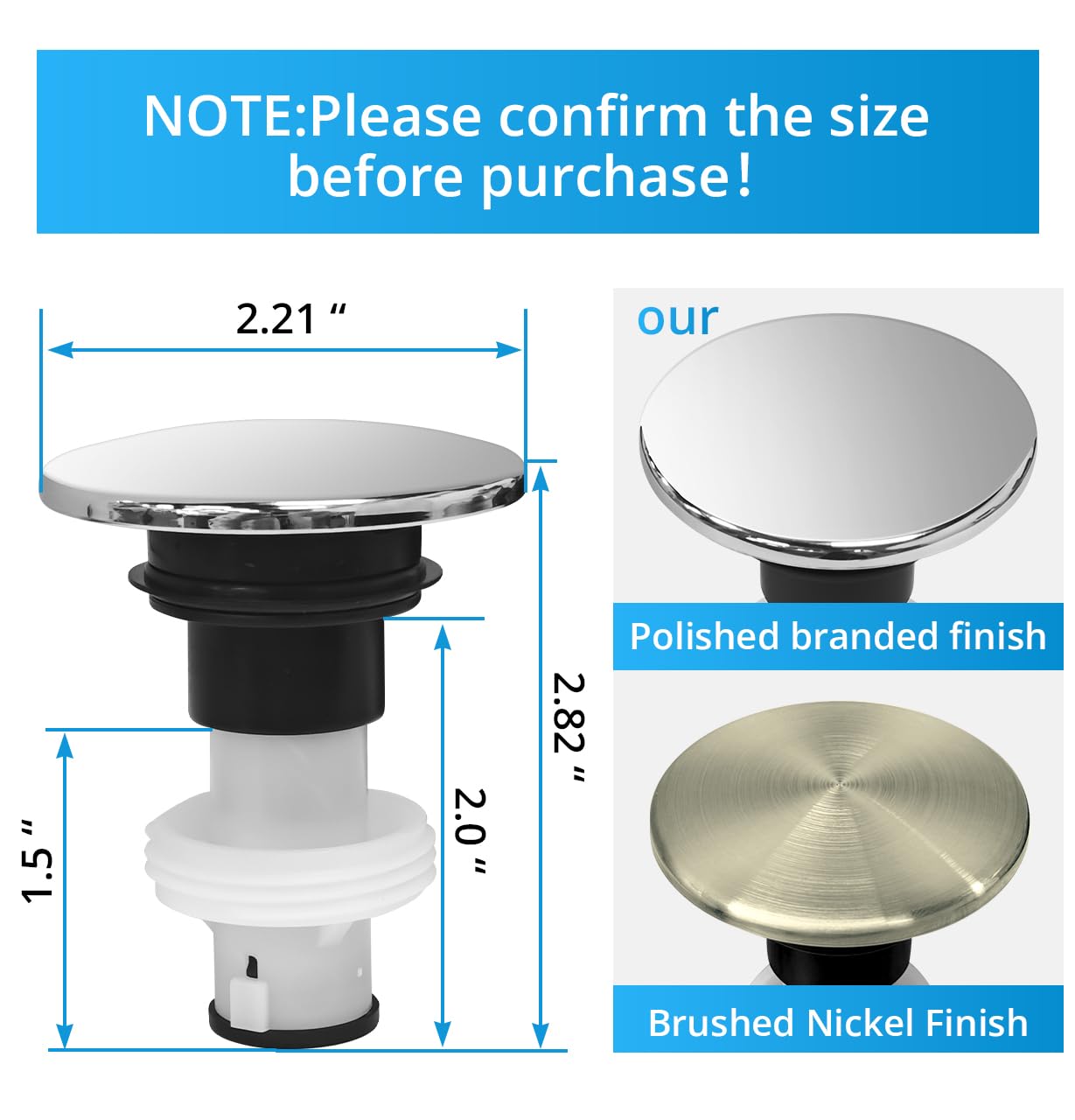 LukeTarp Polished Chrome 972098A Bathroom Sink Push & Seal Pop Up Drain Stopper Assembly,Part number is 35338-06XX,Sealed and Durable