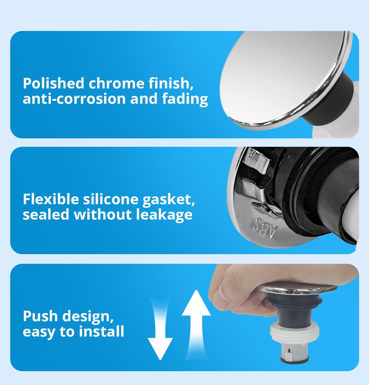LukeTarp Polished Chrome 972098A Bathroom Sink Push & Seal Pop Up Drain Stopper Assembly,Part number is 35338-06XX,Sealed and Durable