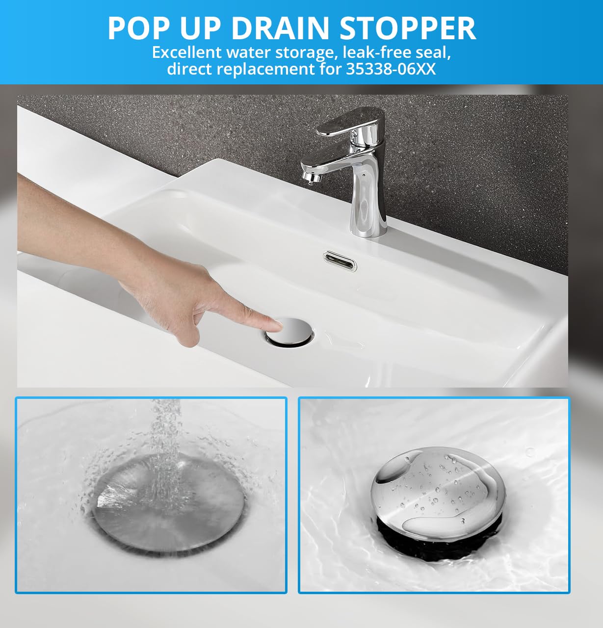 LukeTarp Polished Chrome 972098A Bathroom Sink Push & Seal Pop Up Drain Stopper Assembly,Part number is 35338-06XX,Sealed and Durable