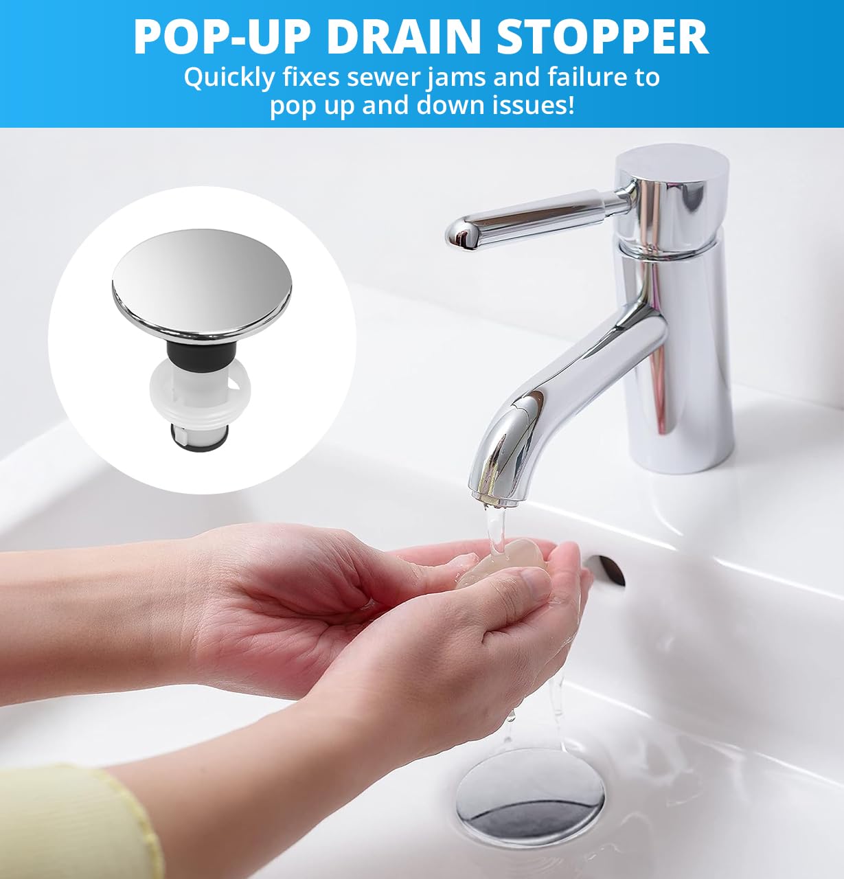 LukeTarp Polished Chrome 972098A Bathroom Sink Push & Seal Pop Up Drain Stopper Assembly,Part number is 35338-06XX,Sealed and Durable