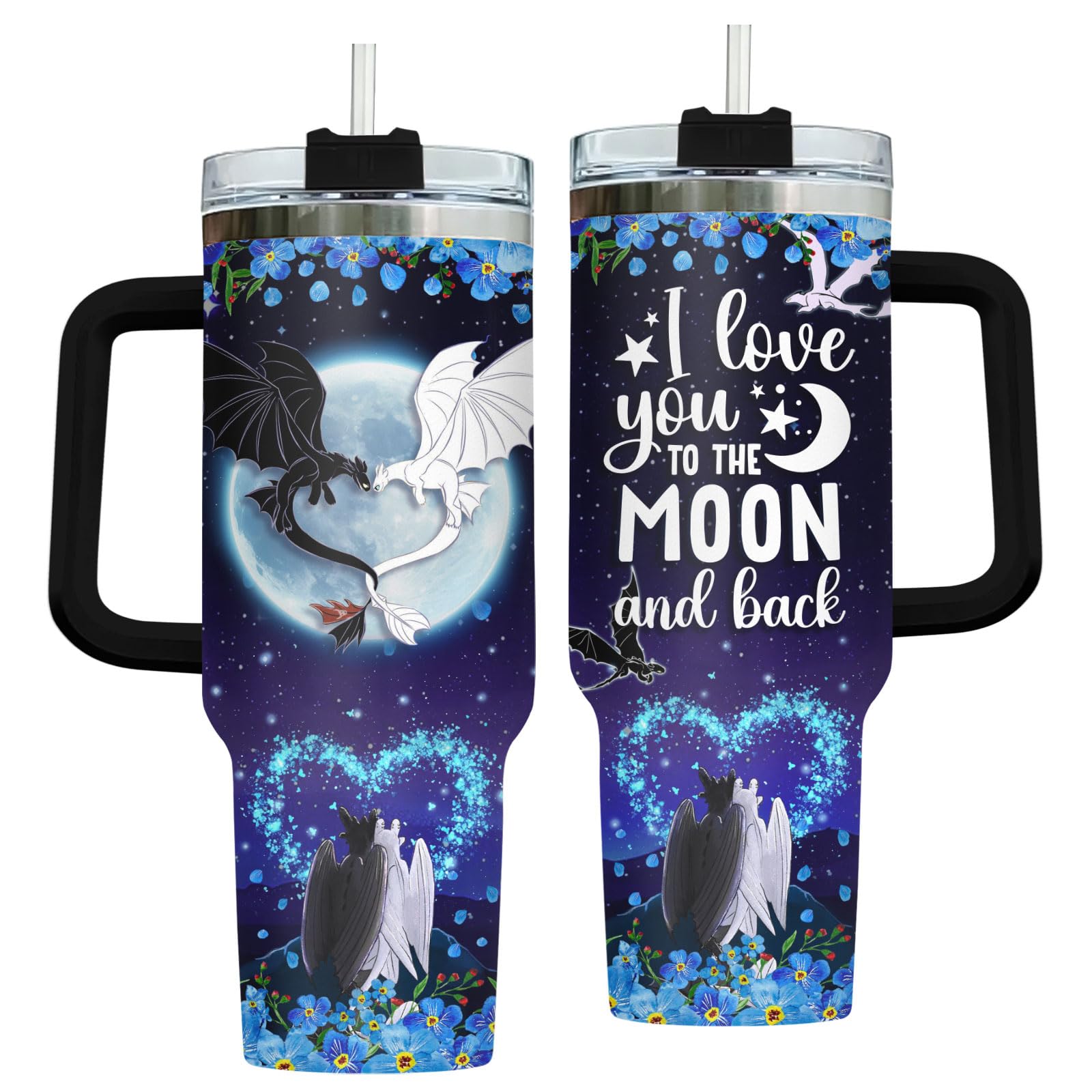 GEPOSTORE Valentines Gifts for Him Her, Dragon Couple 40oz Tumbler with Handle, Movie Characters Cup, Gifts for Cartoon Fan
