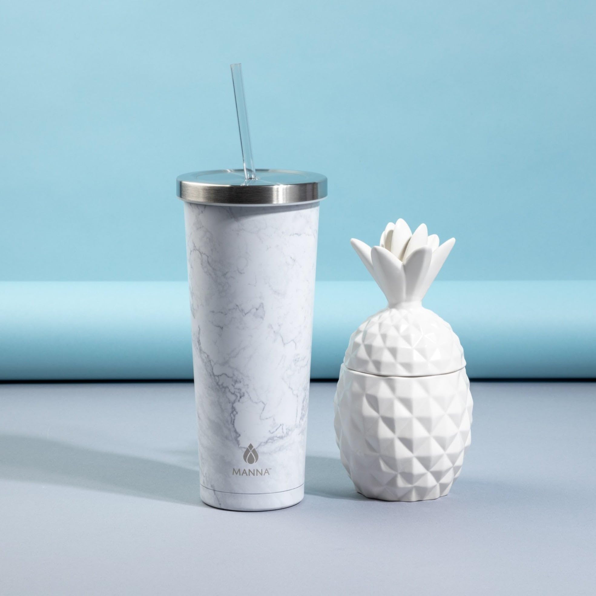 Manna Chilly Double-wall Vacuum Insulated Stainless Steel Tumbler with Splash-proof Lid and Reusable Tritan Straw - 24 Oz - White Marble