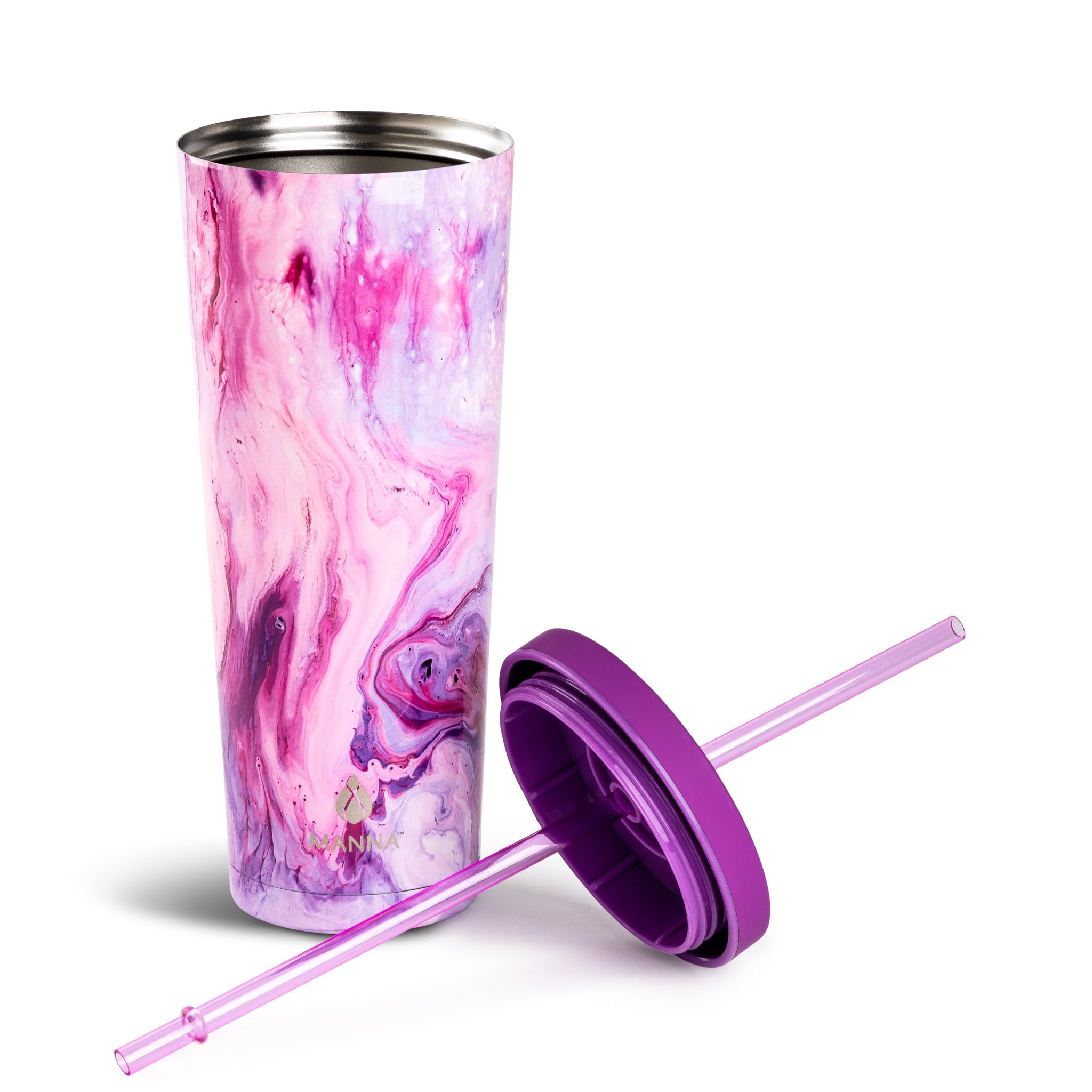 Manna Chilly Double-wall Vacuum Insulated Stainless Steel Tumbler with Splash-proof Lid and Reusable Tritan Straw - 24 Oz - Pink Swirl