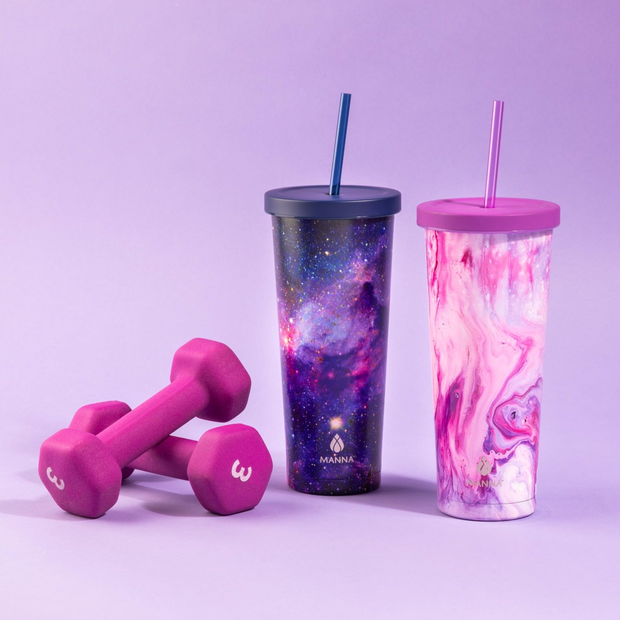 Manna Chilly Double-wall Vacuum Insulated Stainless Steel Tumbler with Splash-proof Lid and Reusable Tritan Straw - 24 Oz - Pink Swirl