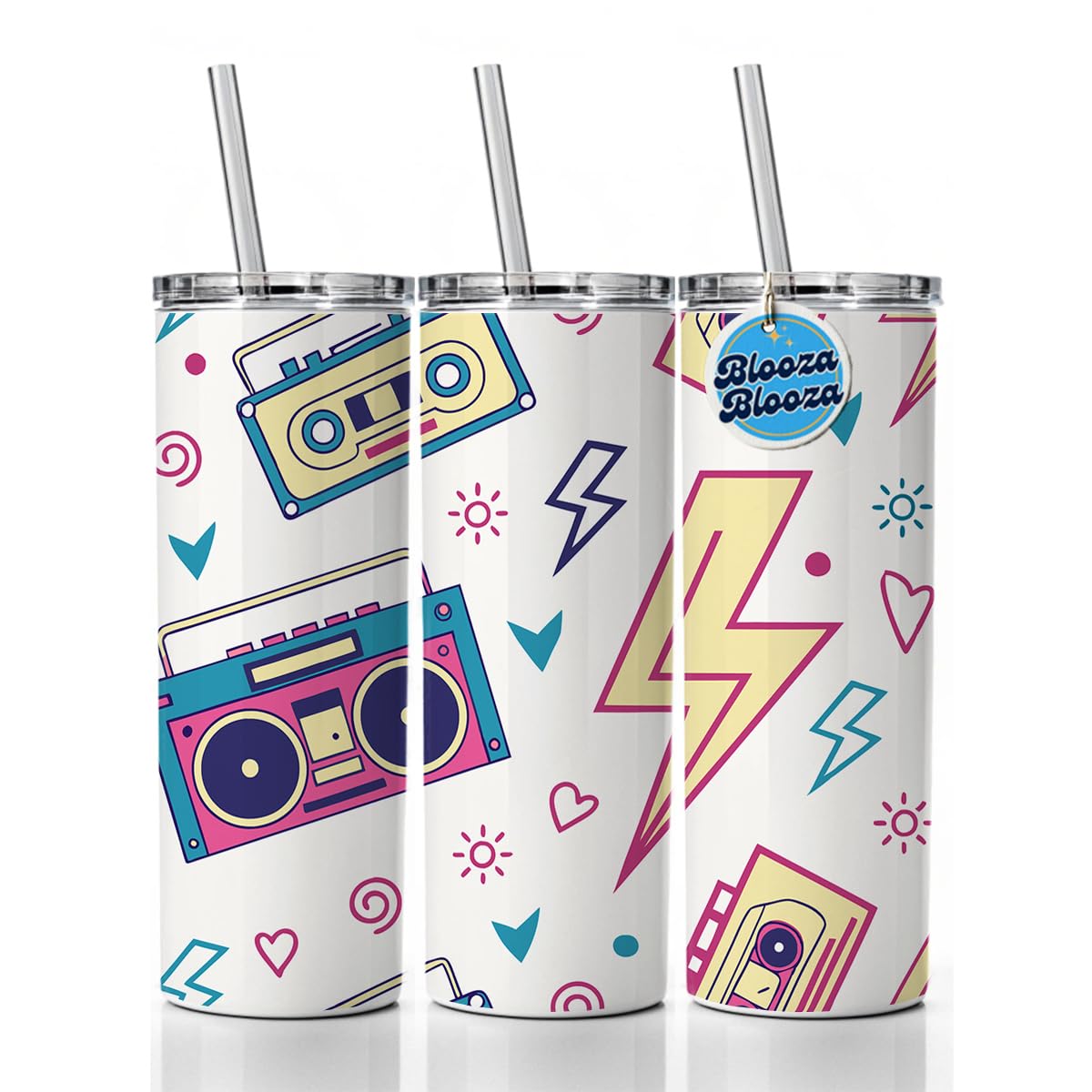 80's Eighties Theme Style Skinny Tumbler 20oz with Straw Insulated Water Bottle Gift