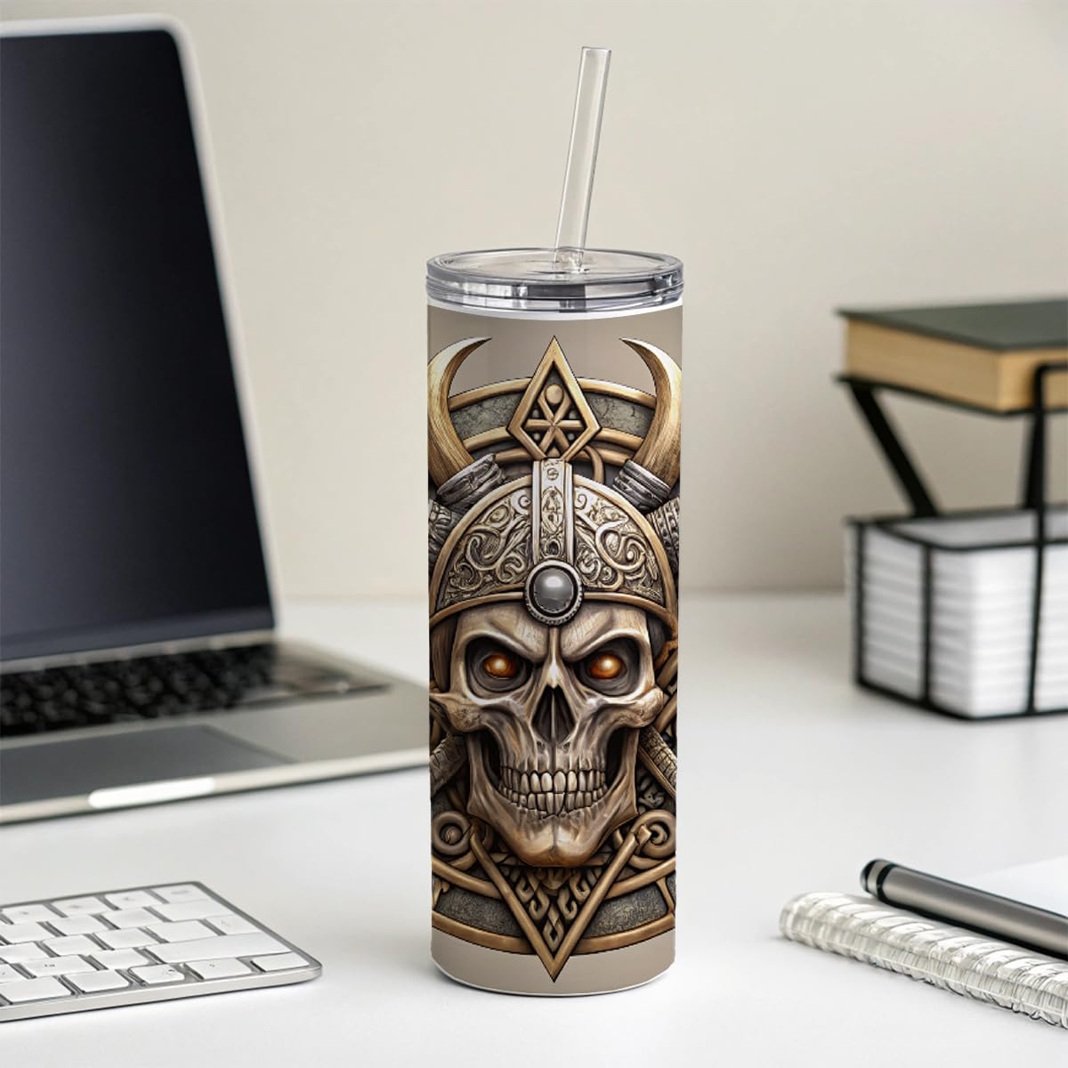 Norse Viking Symbols With Skulls Skinny Tumbler 20oz with Straw Insulated Water Bottle Gift