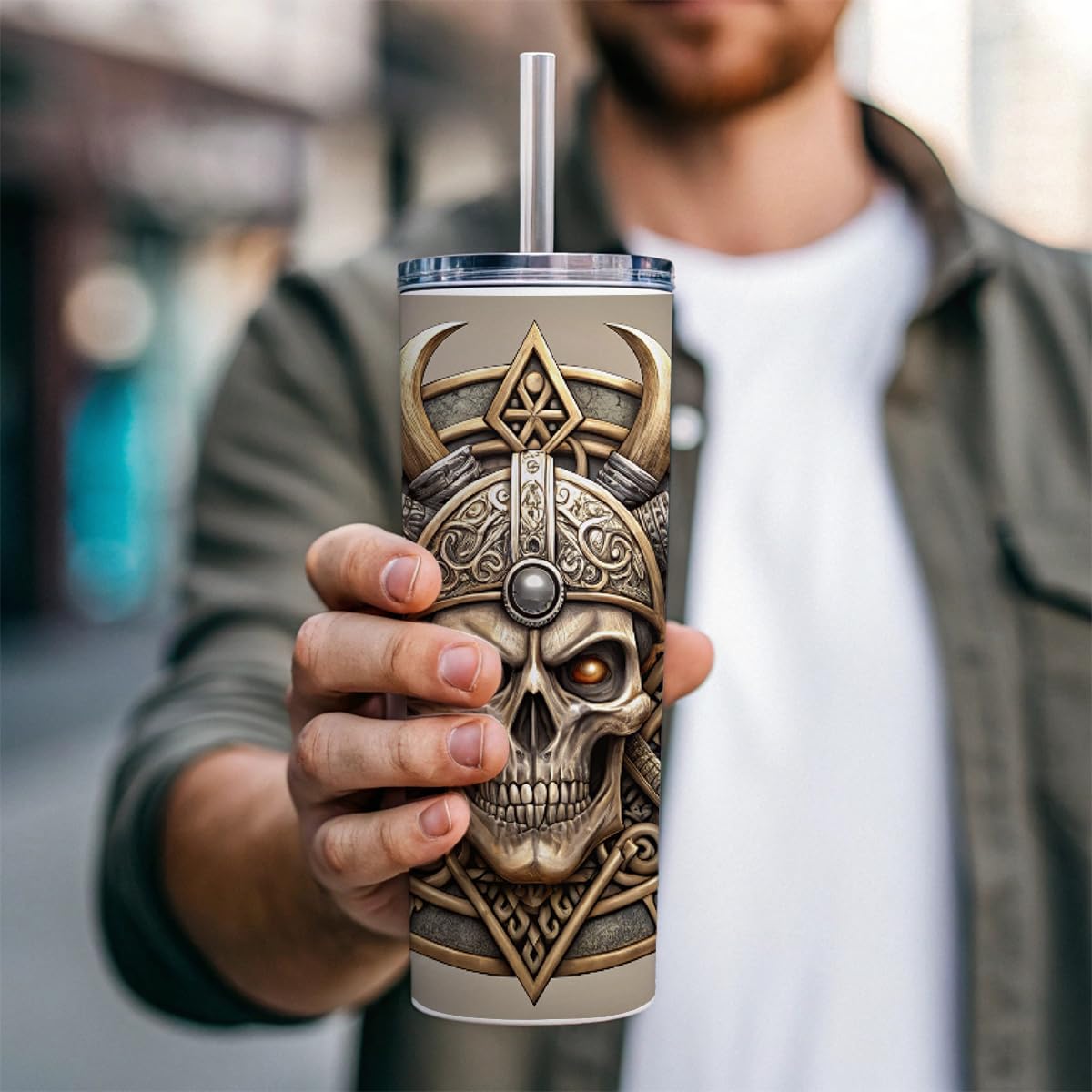Norse Viking Symbols With Skulls Skinny Tumbler 20oz with Straw Insulated Water Bottle Gift