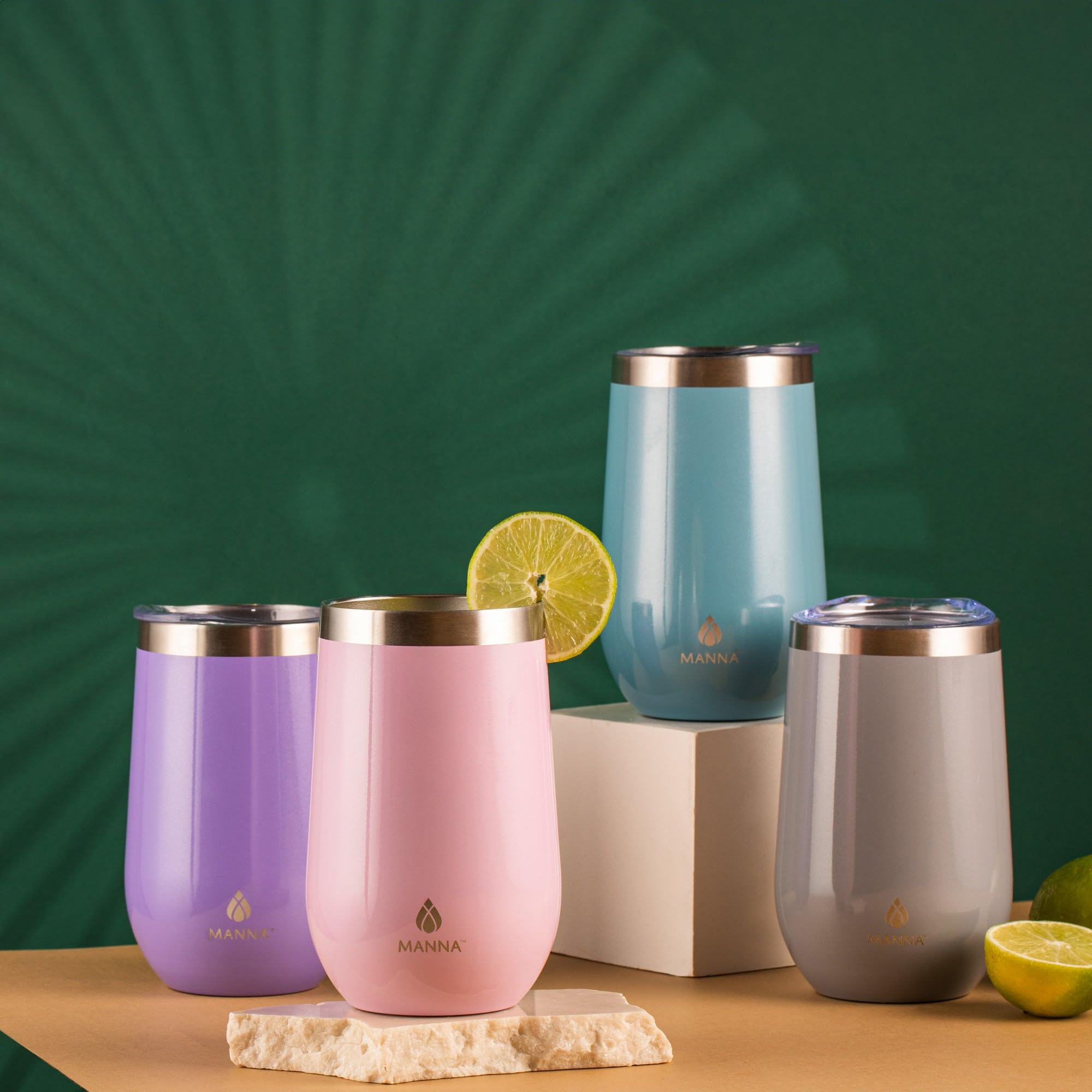 Manna Airén Double Wall Insulated Stainless Steel Stemless Wine Cup Tumbler with Splash-Proof Lid - 16 Oz - Frost Shimmer