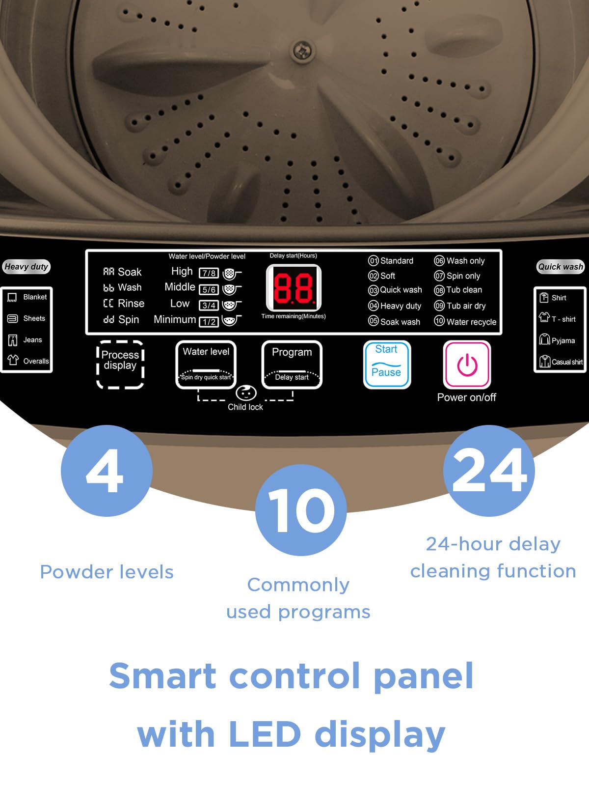 F.W.WOOLWORTHS 17.7 lbs Full-Automatic Washing Machine with LED Display, Laundry Washer with Drain Pump, 10 Wash Programs 8 Water Levels Washer & Spinner for Home, Apartment, Dorms, Gold
