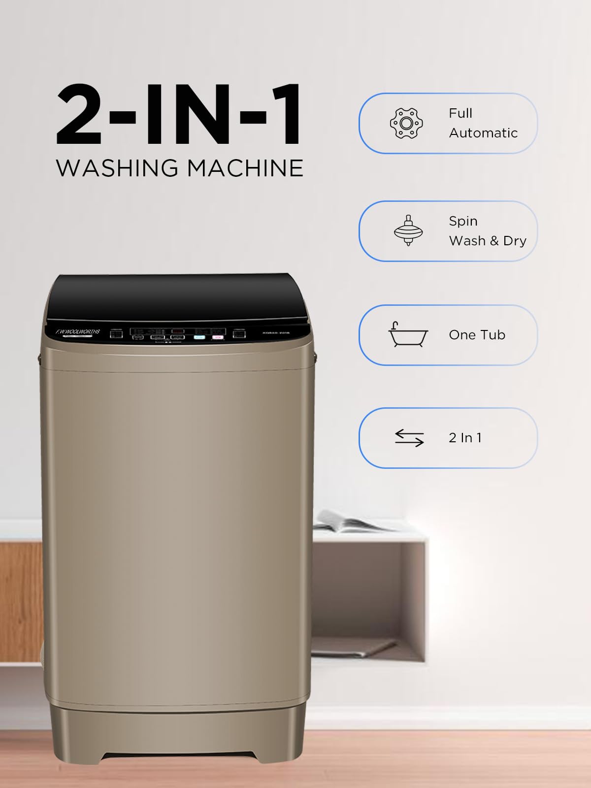 F.W.WOOLWORTHS 17.7 lbs Full-Automatic Washing Machine with LED Display, Laundry Washer with Drain Pump, 10 Wash Programs 8 Water Levels Washer & Spinner for Home, Apartment, Dorms, Gold