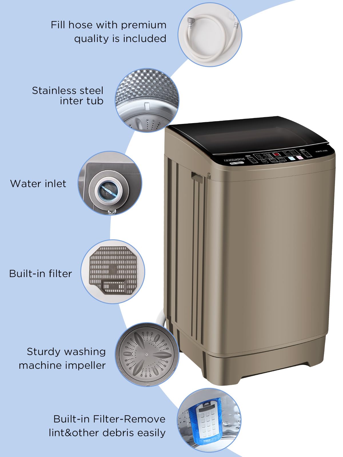 F.W.WOOLWORTHS 17.7 lbs Full-Automatic Washing Machine with LED Display, Laundry Washer with Drain Pump, 10 Wash Programs 8 Water Levels Washer & Spinner for Home, Apartment, Dorms, Gold
