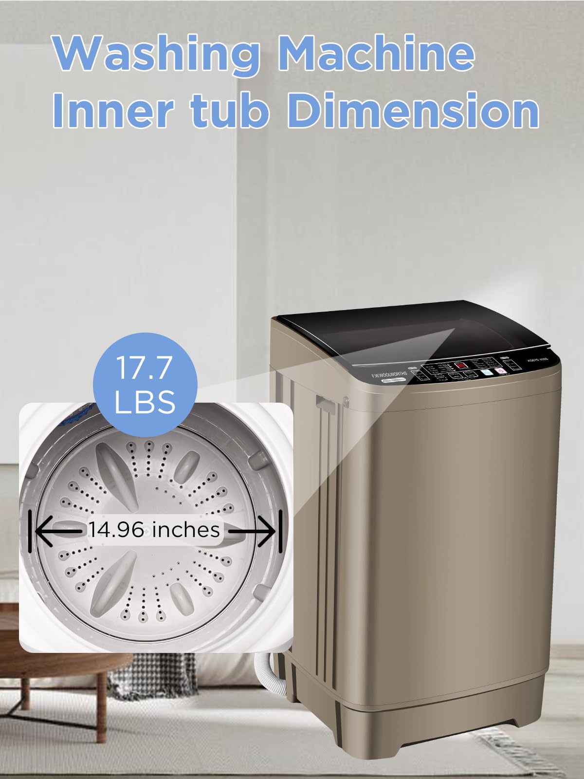 F.W.WOOLWORTHS 17.7 lbs Full-Automatic Washing Machine with LED Display, Laundry Washer with Drain Pump, 10 Wash Programs 8 Water Levels Washer & Spinner for Home, Apartment, Dorms, Gold