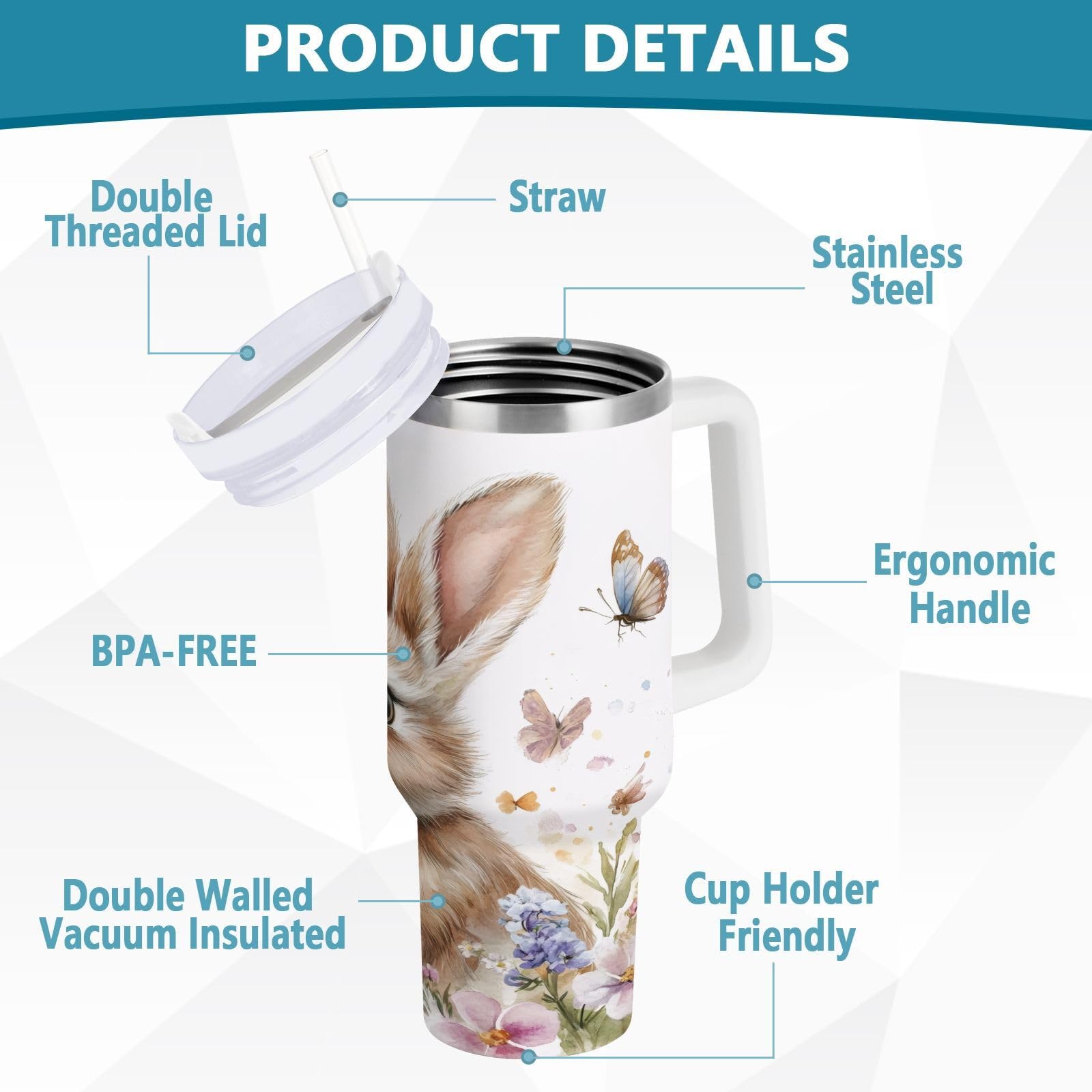 Msyxl 30 oz Insulated Stainless Steel Tumbler with Handle and Straw Lid - Leak-proof Coffee Mug for Men Women, Travel Mug Fits Cup Holder (Easter Bunny)