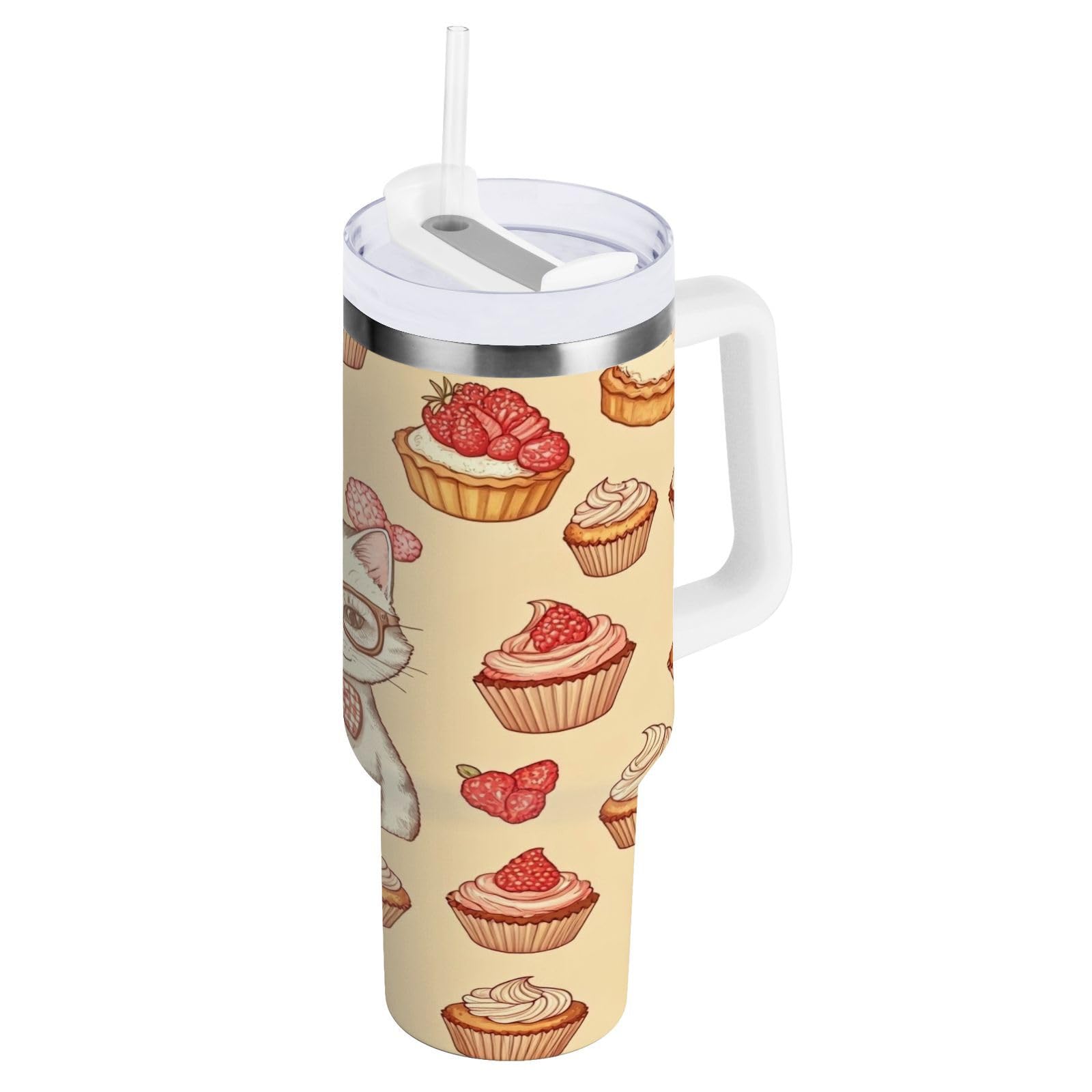 Msyxl 30 oz Insulated Stainless Steel Tumbler with Handle and Straw Lid - Leak-proof Coffee Mug for Men Women, Travel Mug Fits Cup Holder (Cat Cakes)