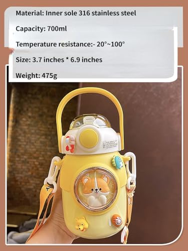 Large Capacity Cartoon Prints Water Bottle with Straw Lid Women Tumblers with Shoulder Strap Stainless Steel Thermal Cup (White 23.6oz)