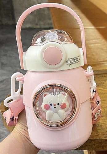 Large Capacity Cartoon Prints Water Bottle with Straw Lid Women Tumblers with Shoulder Strap Stainless Steel Thermal Cup (Pink 23.6oz)