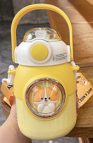 Large Capacity Cartoon Prints Water Bottle with Straw Lid Women Tumblers with Shoulder Strap Stainless Steel Thermal Cup (Yellow 23.6oz)