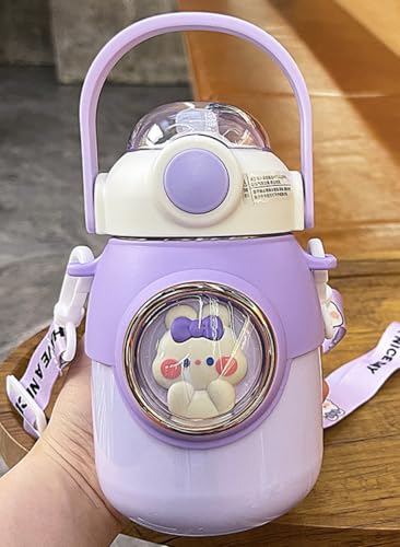Large Capacity Cartoon Prints Water Bottle with Straw Lid Women Tumblers with Shoulder Strap Stainless Steel Thermal Cup (A Purple 23.6oz)