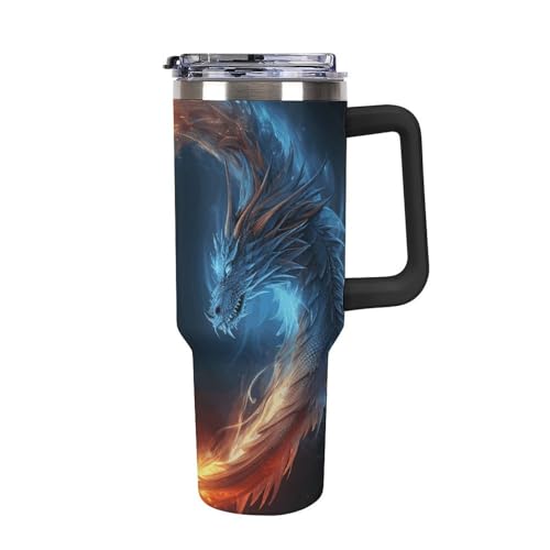 HJUQNGF 40 Oz Personalized Tumbler with Handle And Straw Fire And Ice Dragons Stainless Steel Insulated Tumblers Reusable Car Thermal Cup Travel Coffee Mug for Women Men