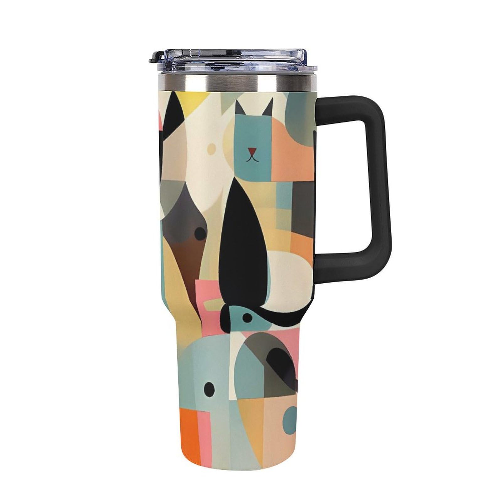 HJUQNGF 40 Oz Personalized Tumbler with Handle And Straw Mid-Century Modern Art Cat Stainless Steel Insulated Tumblers Reusable Car Thermal Cup Travel Coffee Mug for Women Men