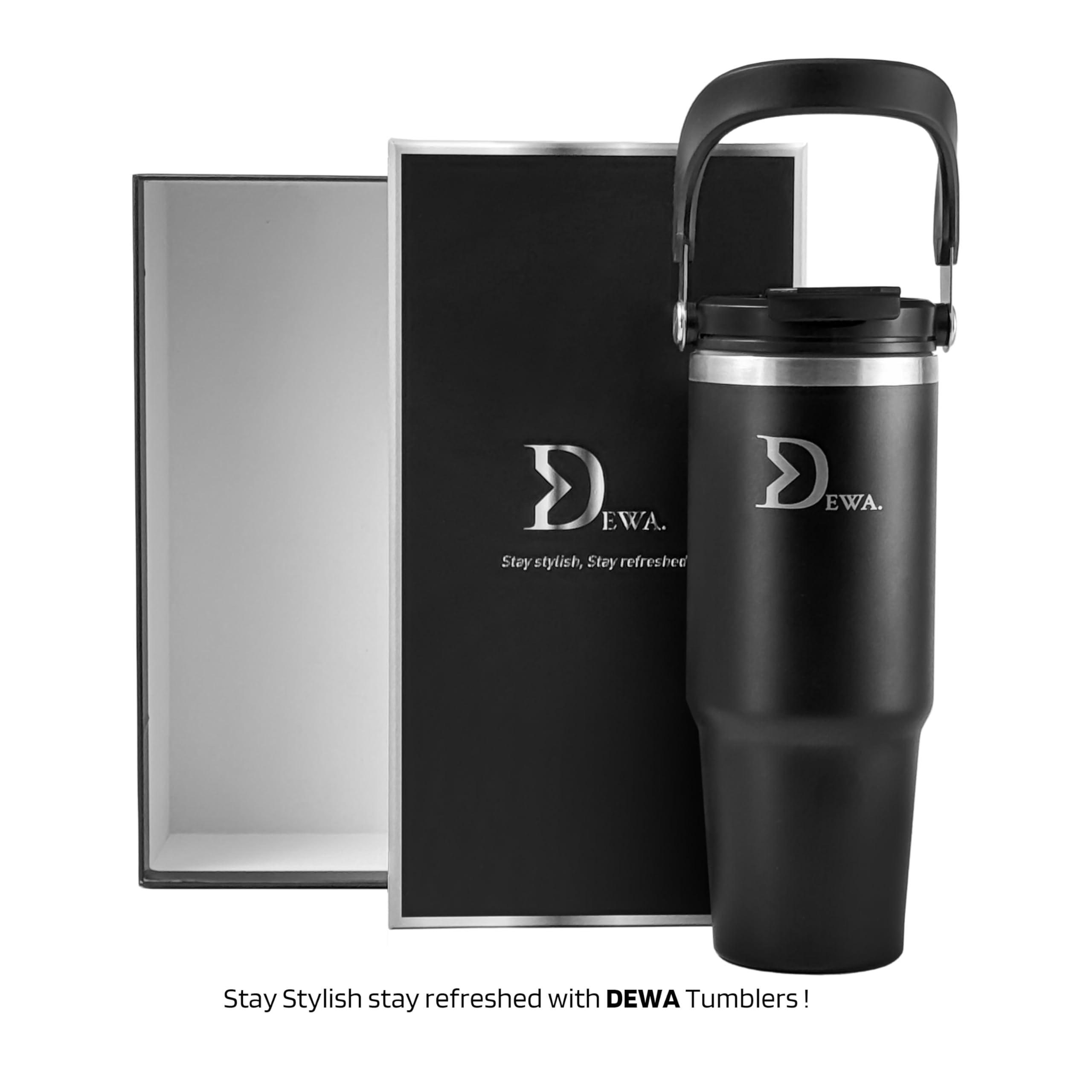 DEWA Iceflow stainless steel Tumbler | 30 oz Tumbler with Double Flip Straw | Premium Insulated Stainless Steel | Keeps Drinks Cold For 24 Hours, Hot For 12 Hours | BPA -Free. (Black)