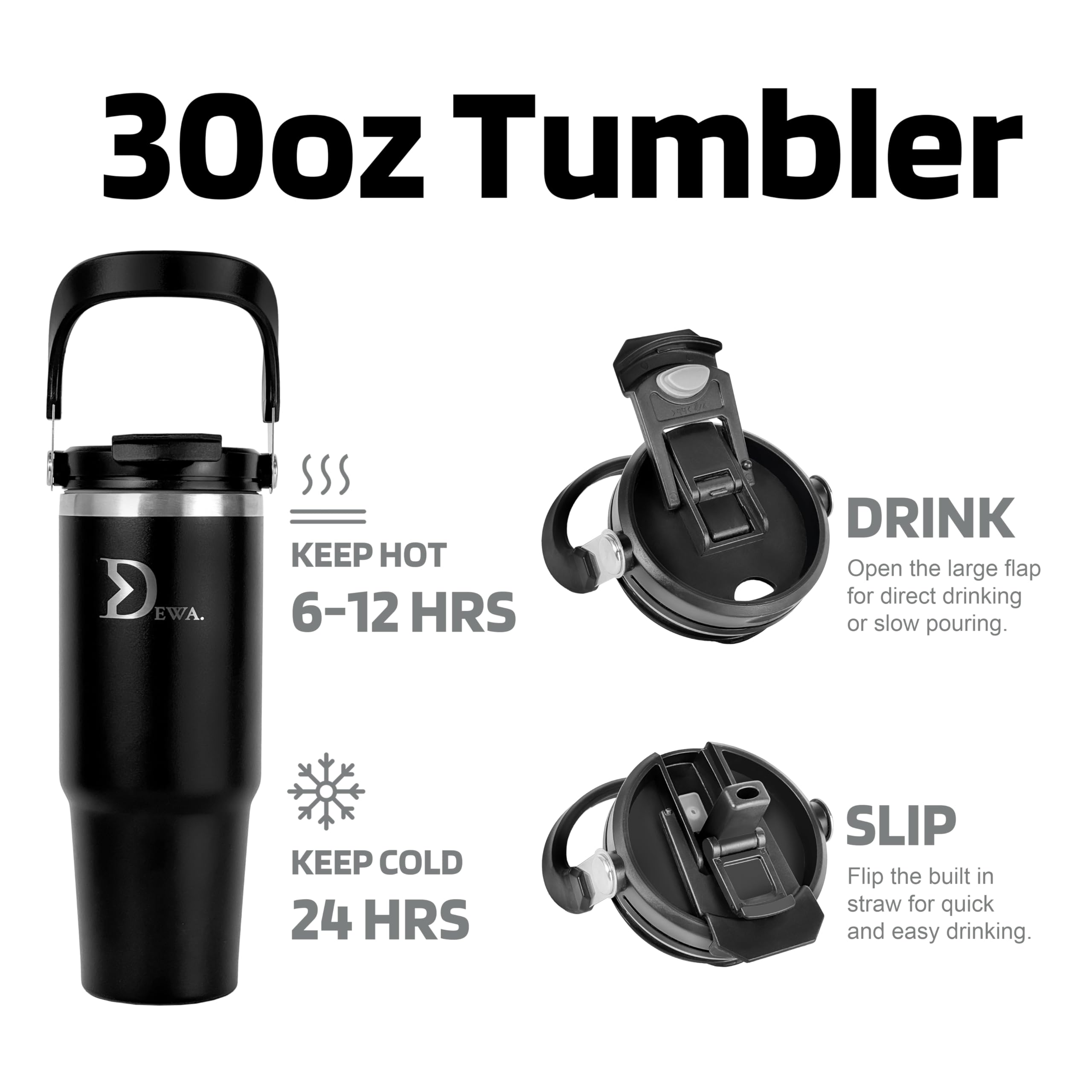 DEWA Iceflow stainless steel Tumbler | 30 oz Tumbler with Double Flip Straw | Premium Insulated Stainless Steel | Keeps Drinks Cold For 24 Hours, Hot For 12 Hours | BPA -Free. (Black)