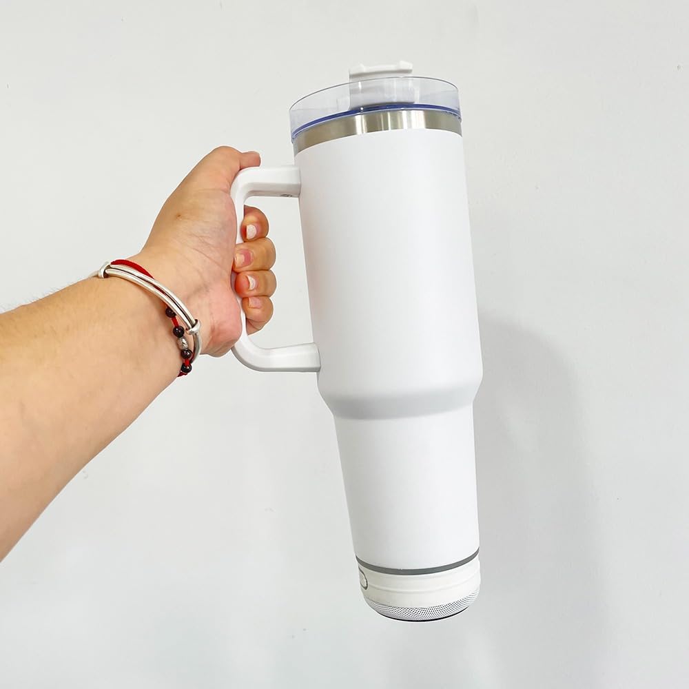 Zidech Music Speaker Tumbler Bluetooth-40 oz tumbler with handle and straw-Insulated Travel Mug - Music Coffee Cup (White)