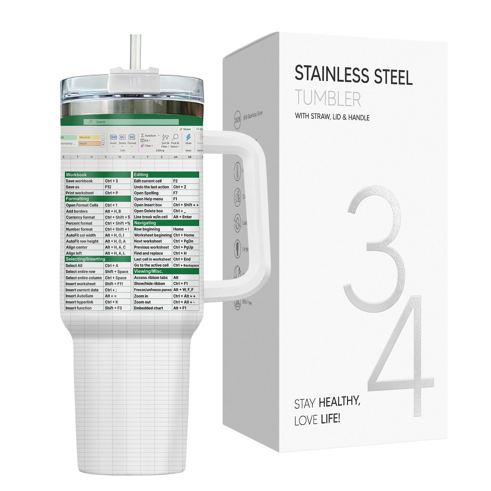 34HD Funny Spreadsheets Tumbler with Handle and Straw, 40oz Excel Coffee Cup with Lid, Accountant Mug, Funny Gifts for Coworkers, Office and Boss Gifts Accounting