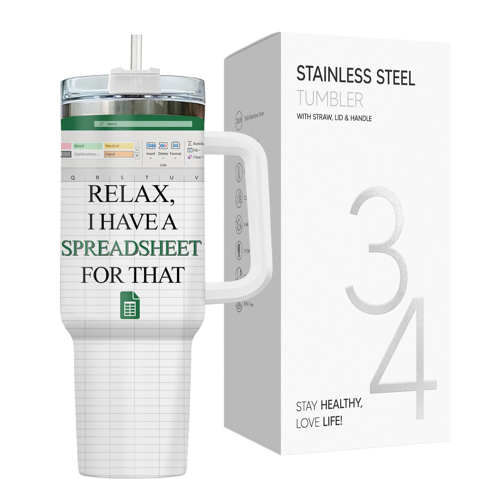 34HD Funny Excel Tumbler with Handle and Straw, 40oz Oh This Calls for A Spreadsheet Mug, Accountant Cup, Funny Gifts for Coworkers, Office and Boss Gifts Accounting