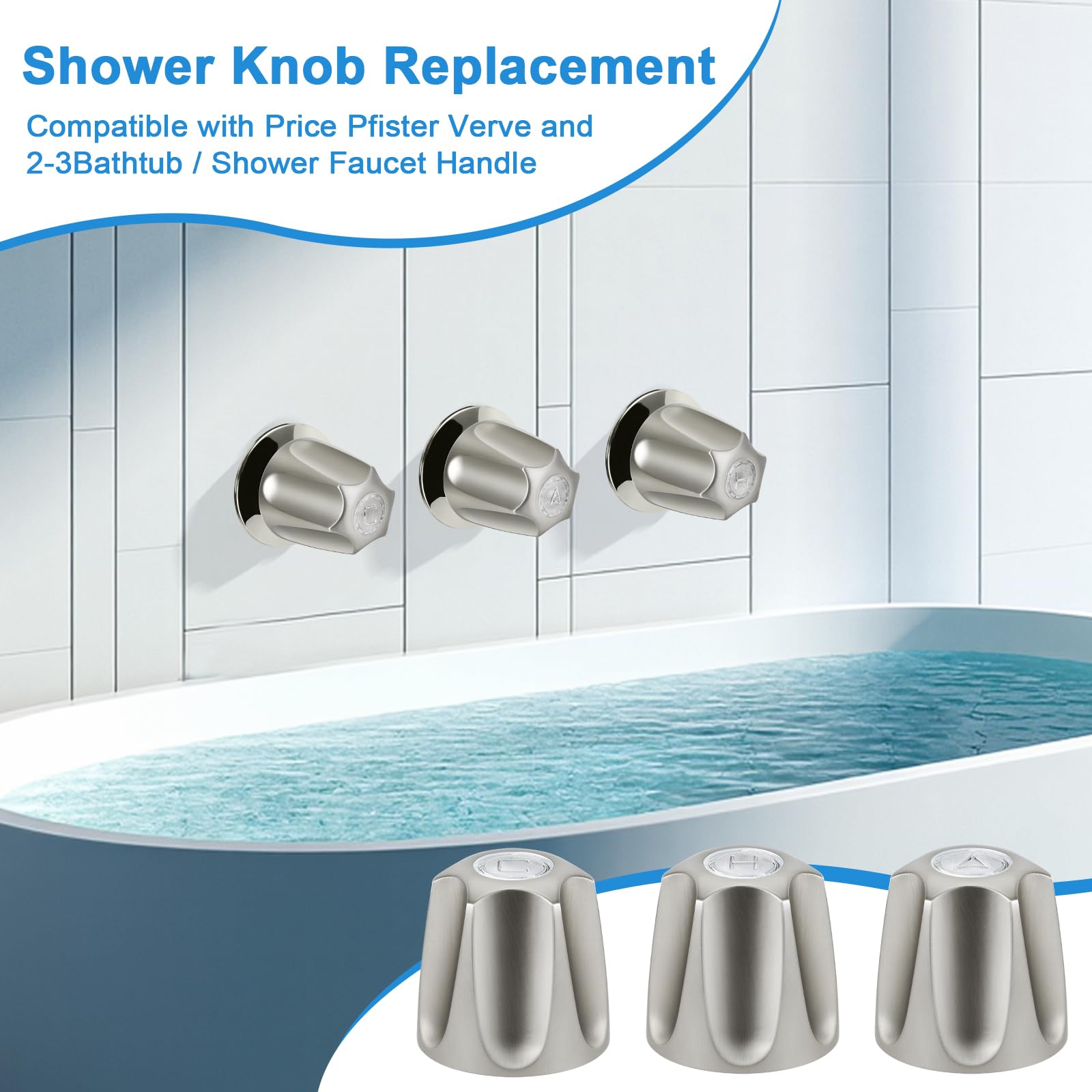 Metal 3 Piece Shower Knob Replacement, Compatible with Price Pfister Verve and Bathtub/Shower Faucet Handle, Include Hot and Cold/Diverter Shower Knob and 3 Screws (Brushed Nickel)