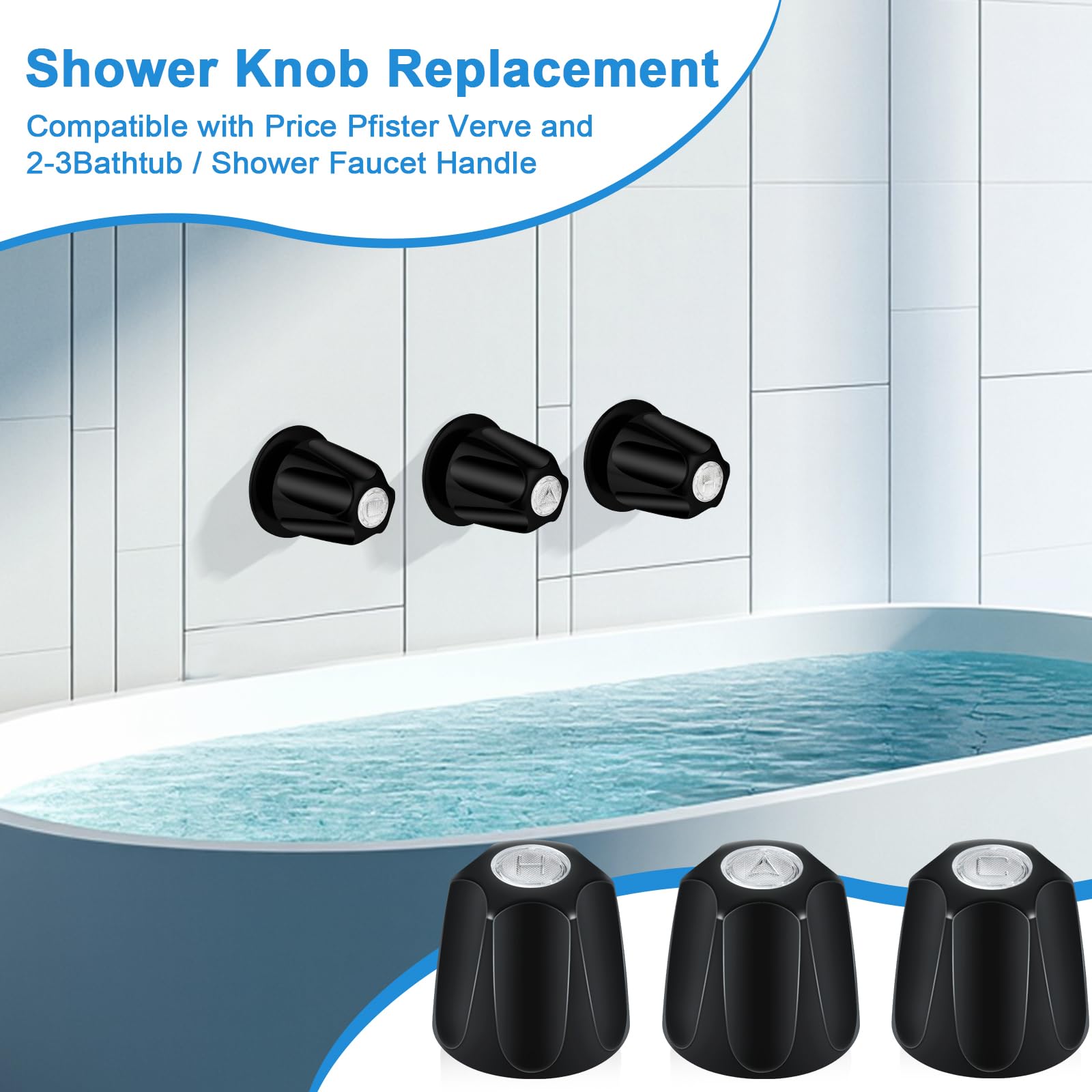 Metal 3 Piece Black Shower Knob Replacement, Compatible with Price Pfister Verve and Bathtub/Shower Faucet Handle, Include Hot and Cold/Diverter Shower Knob, Height 2.35 in Width 2.35 in (Matte Black)