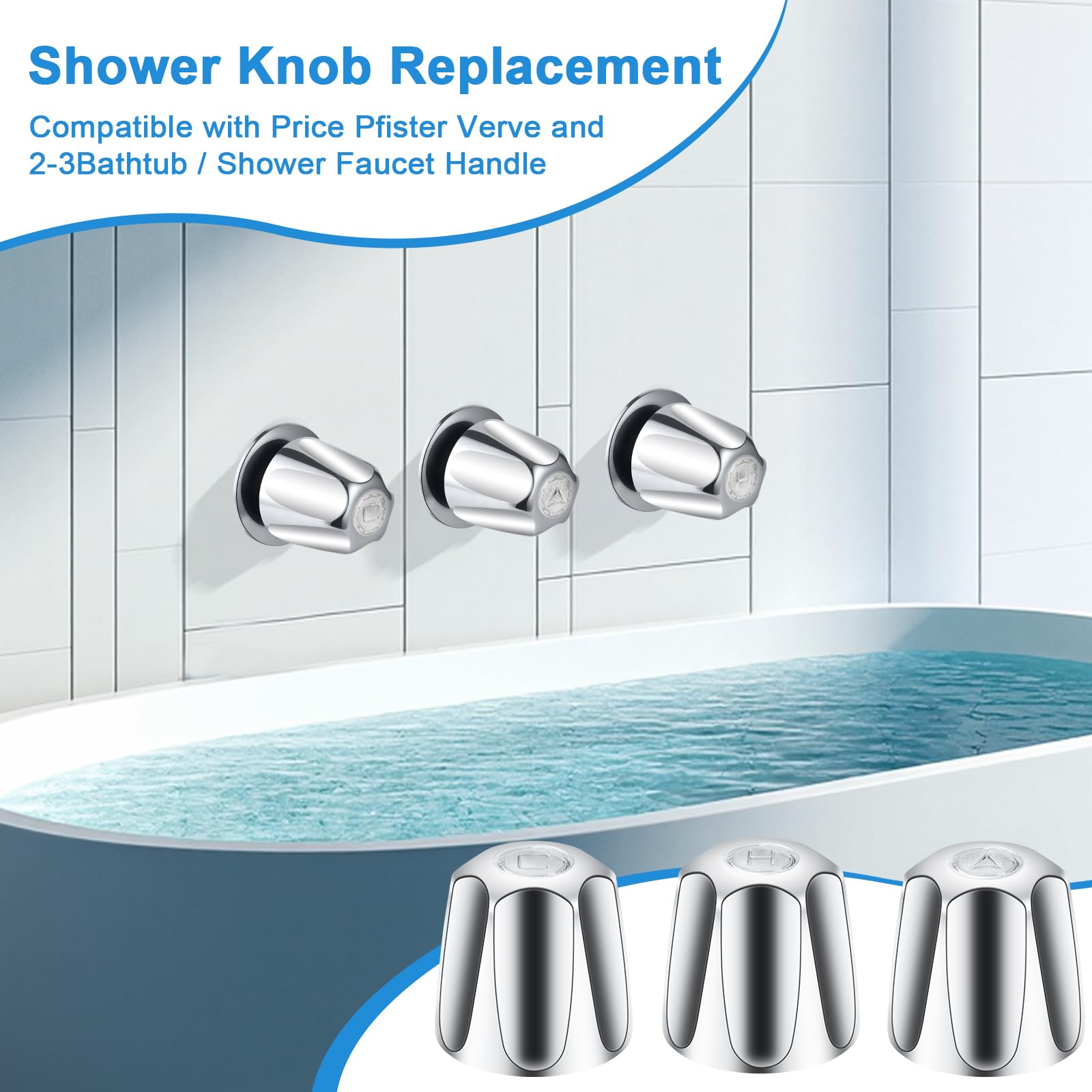 Metal 3 Piece Shower Knob Replacement, Compatible with Price Pfister Verve and Bathtub/Shower Faucet Handle, Include Hot and Cold/Diverter Shower Knob, Height 2.35 in Width 2.35 in (Polished Chrome)