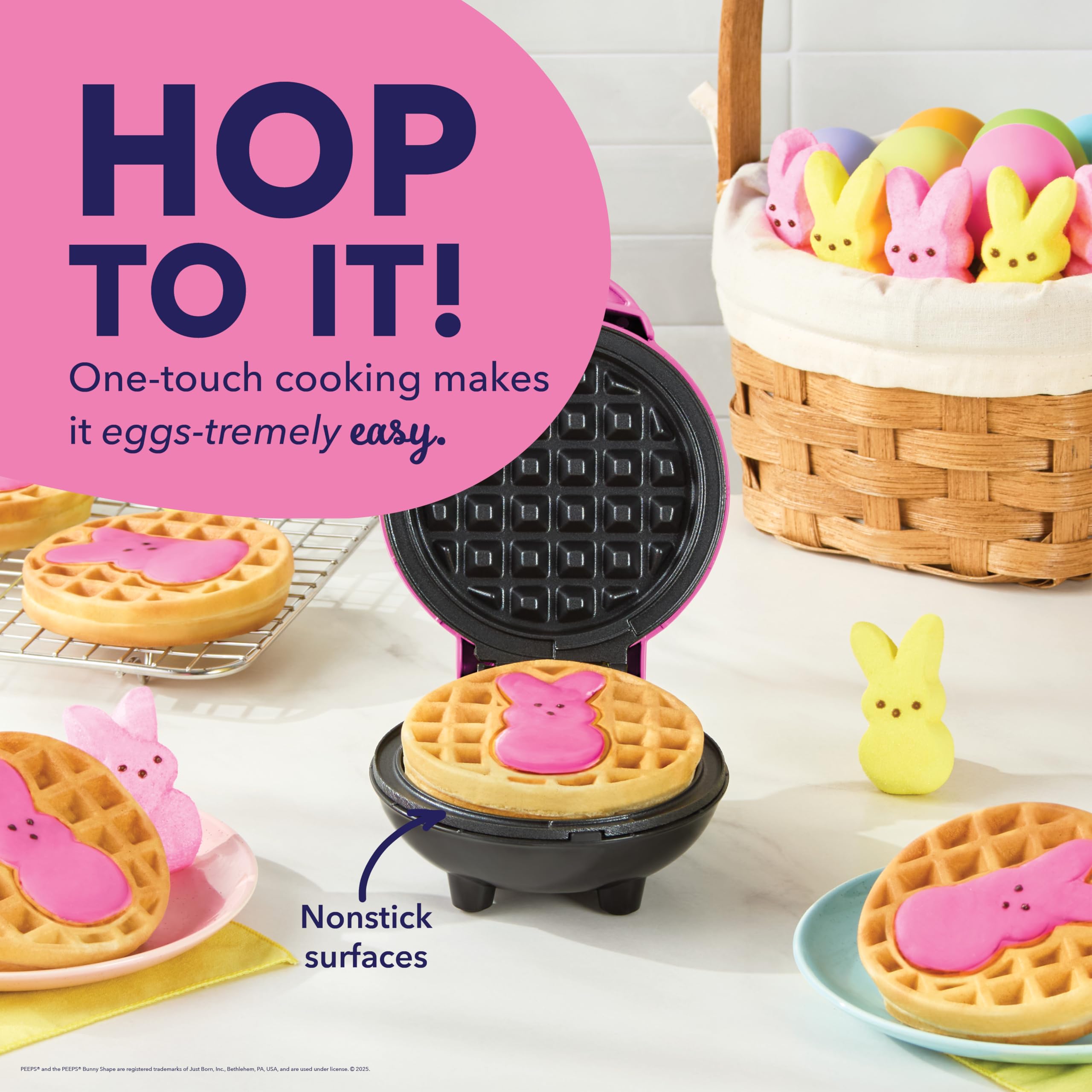 PEEPS x Dash Bunny Mini Waffle Maker for Individual Waffles, Hash Browns, Keto Chaffles with Easy to Clean, Non-Stick Surfaces, 4 Inch - Pink