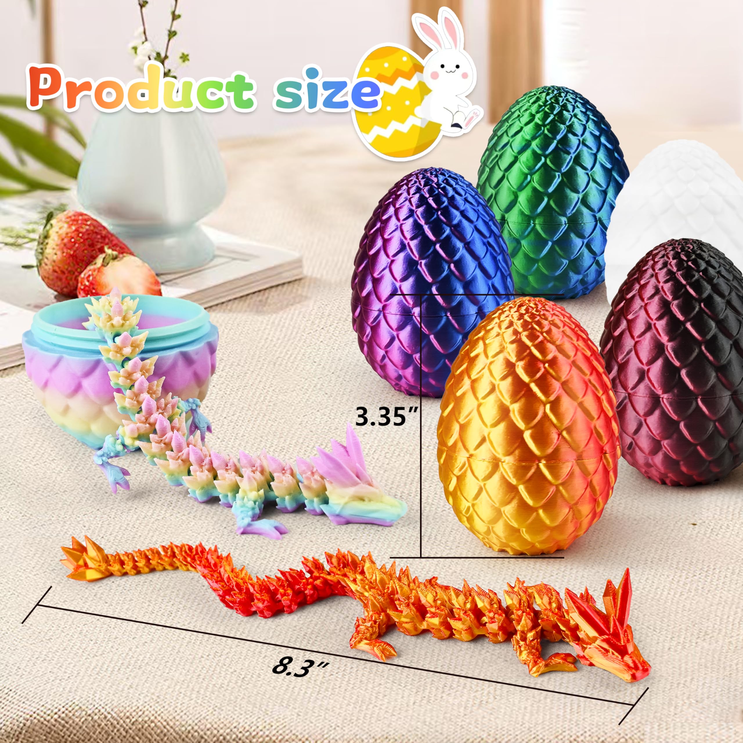 Impossmaker 6PCS 3D Printed Easter Dragon Eggs with 3D Printed Dragon Inside, Easter Basket Stuffers Mini Dragon Egg Set Articulated Crystal Dragon Fidget Toy for Adults Teens