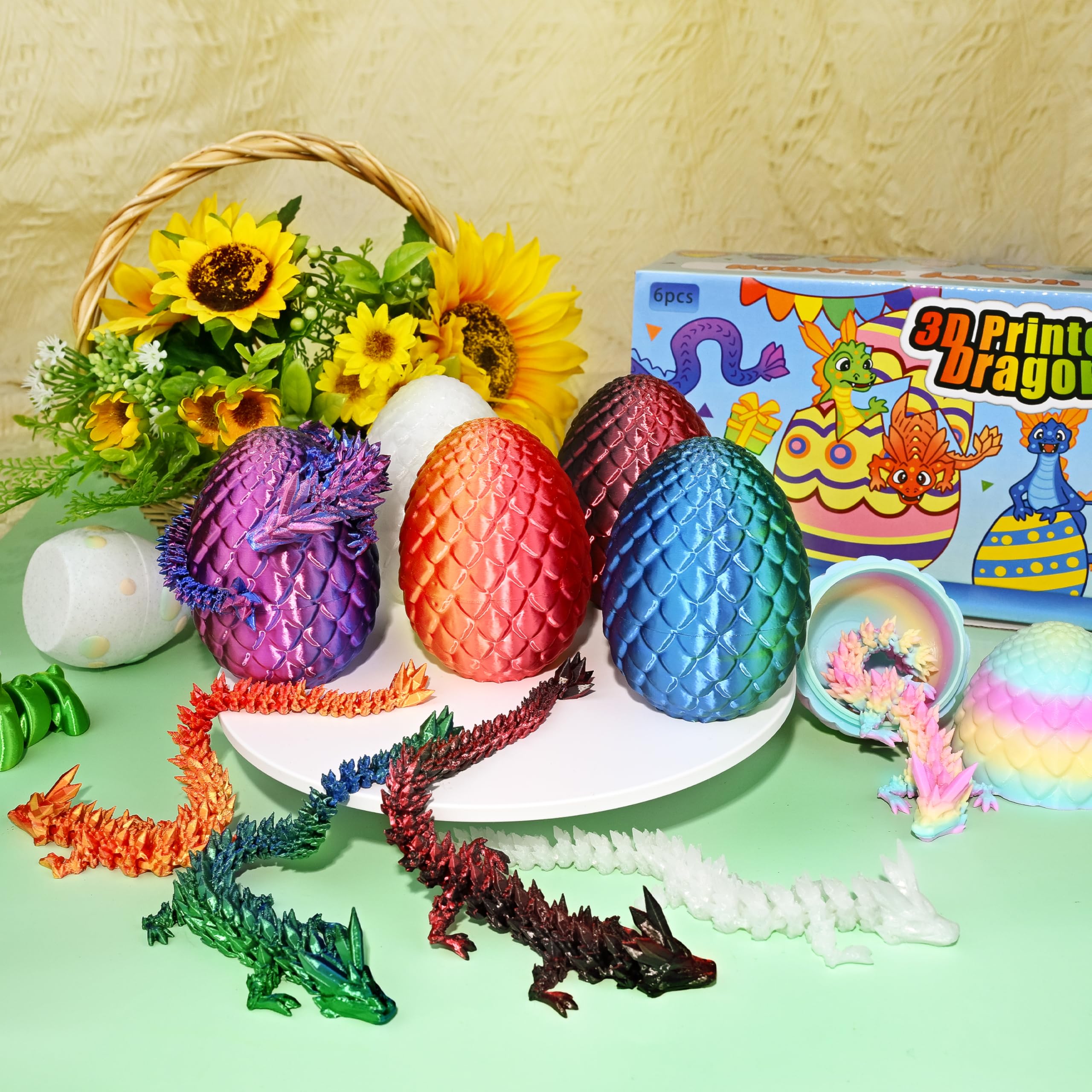 Impossmaker 6PCS 3D Printed Easter Dragon Eggs with 3D Printed Dragon Inside, Easter Basket Stuffers Mini Dragon Egg Set Articulated Crystal Dragon Fidget Toy for Adults Teens