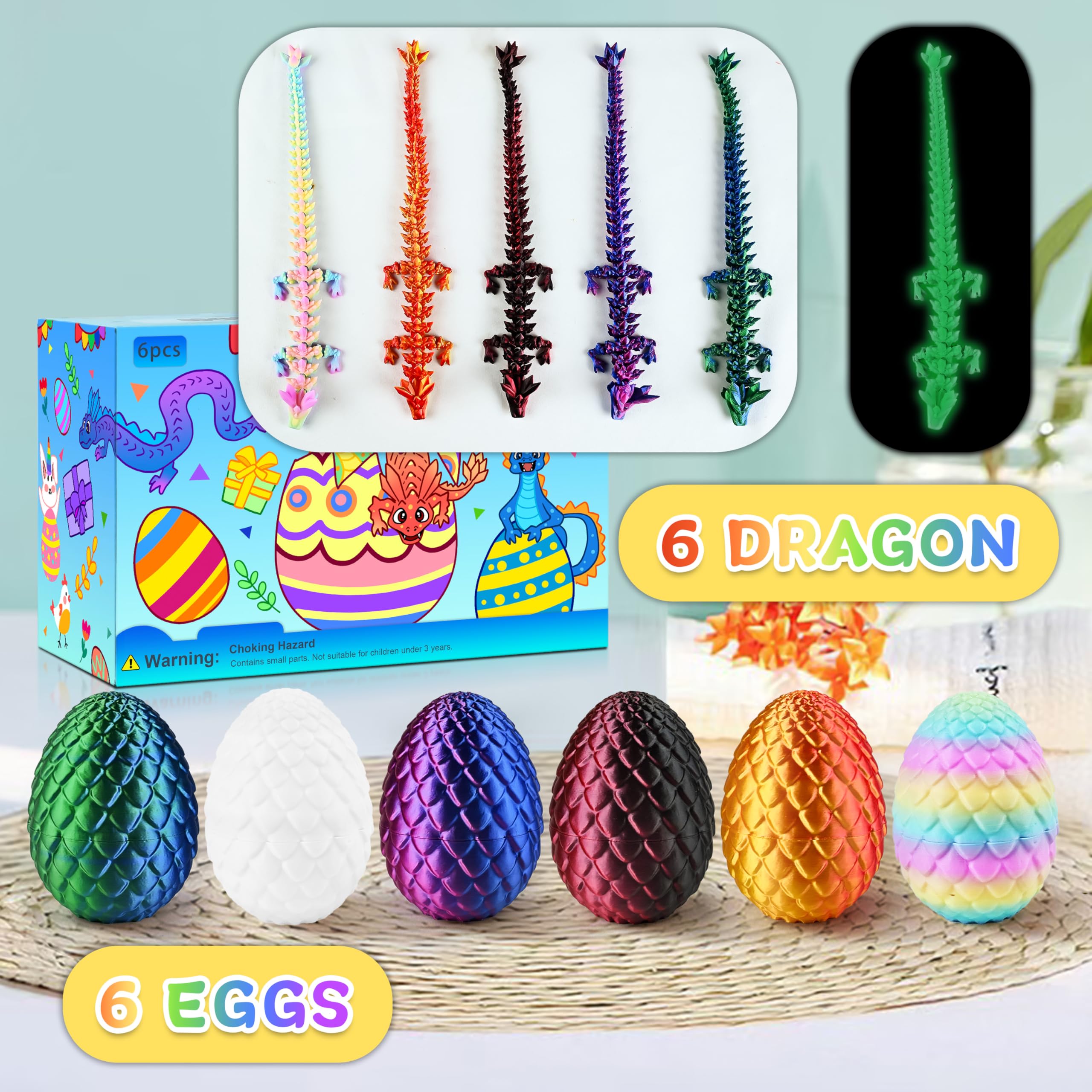 Impossmaker 6PCS 3D Printed Easter Dragon Eggs with 3D Printed Dragon Inside, Easter Basket Stuffers Mini Dragon Egg Set Articulated Crystal Dragon Fidget Toy for Adults Teens
