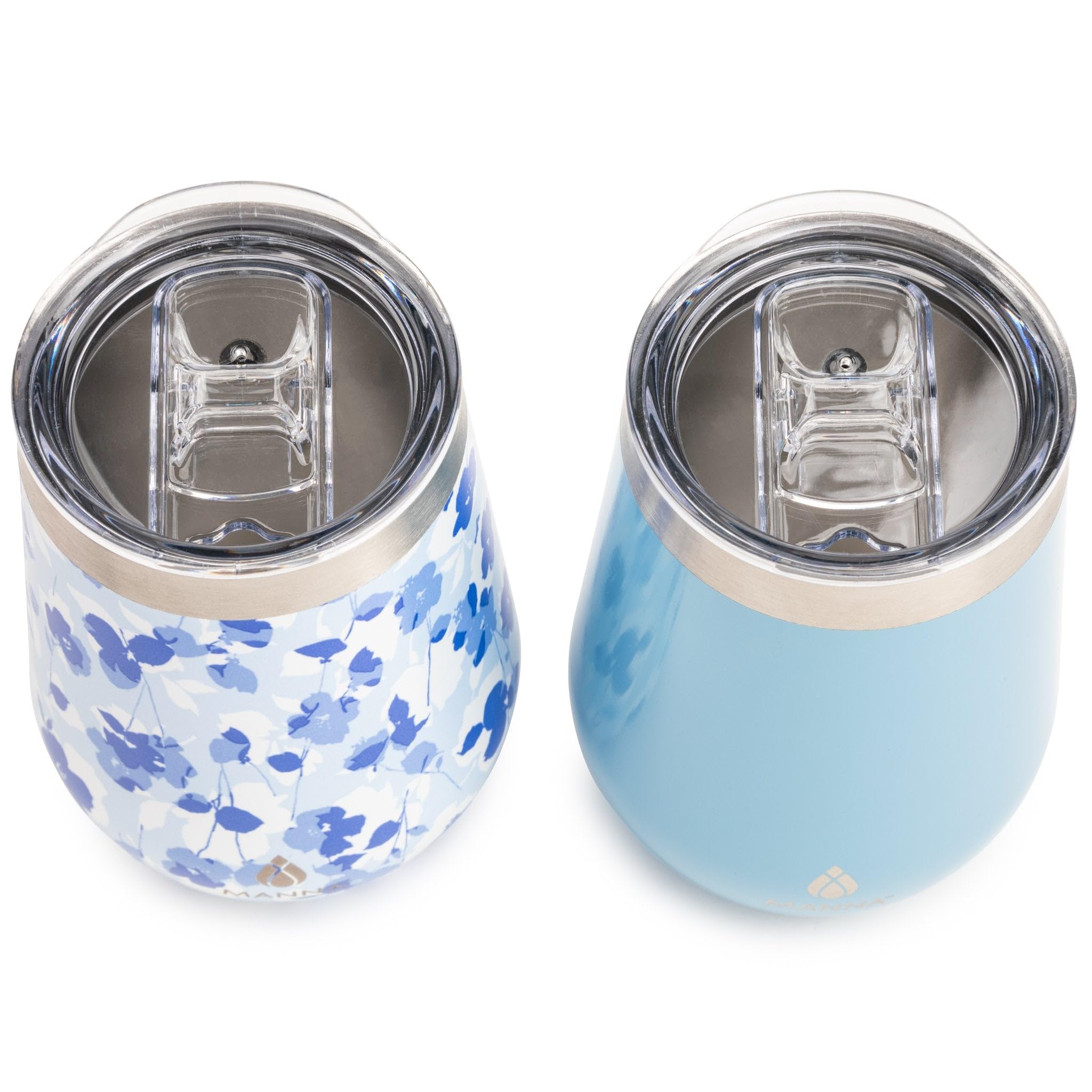 Manna Double Wall Insulated Stainless Steel Stemless Wine Cup Tumbler with Splash-Proof Sliding Lid - 12 Oz - Set of 2 - Blue Floral and Blue